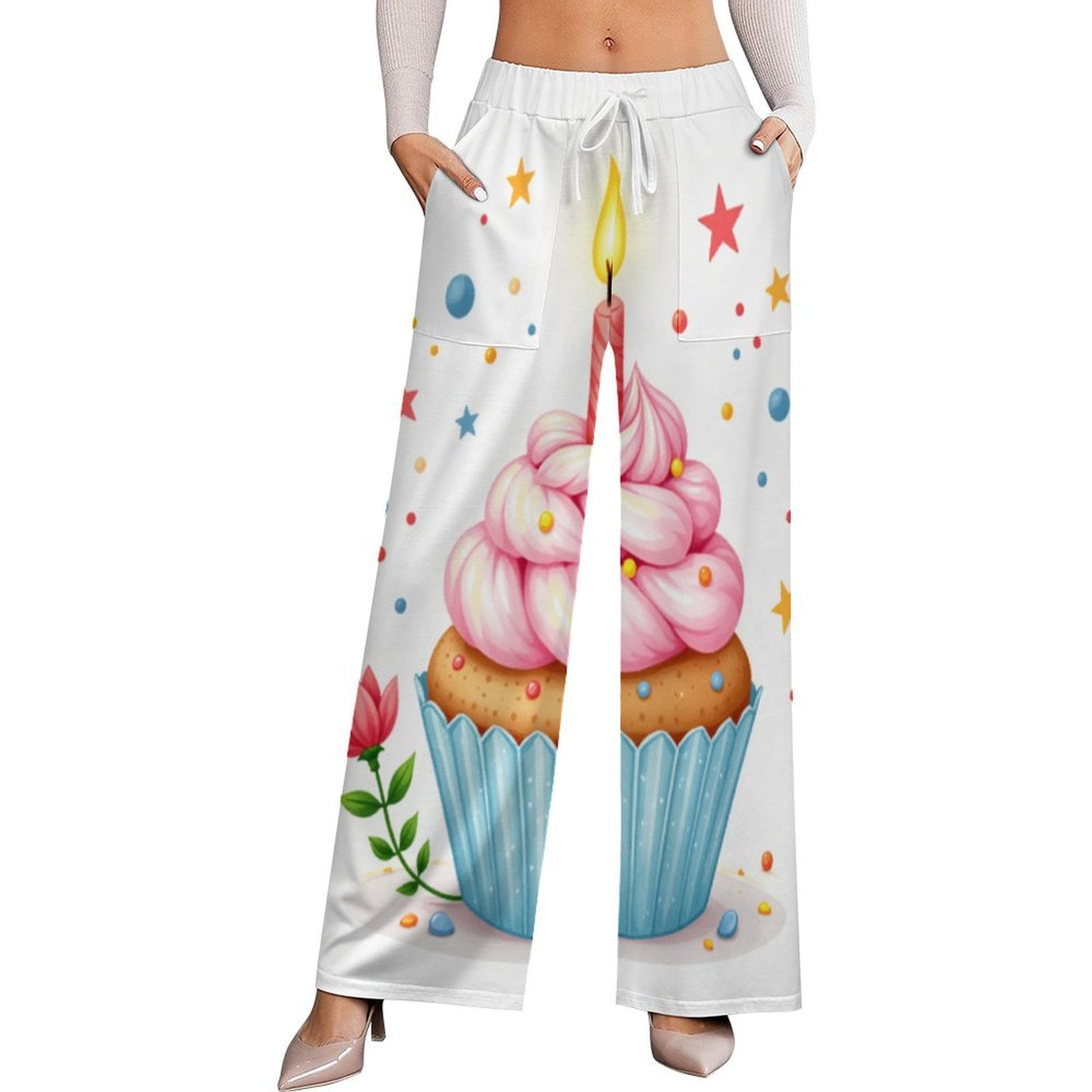 Birthday Cupcake with Candle Burning Bright Women's Casual Wide Leg ...
