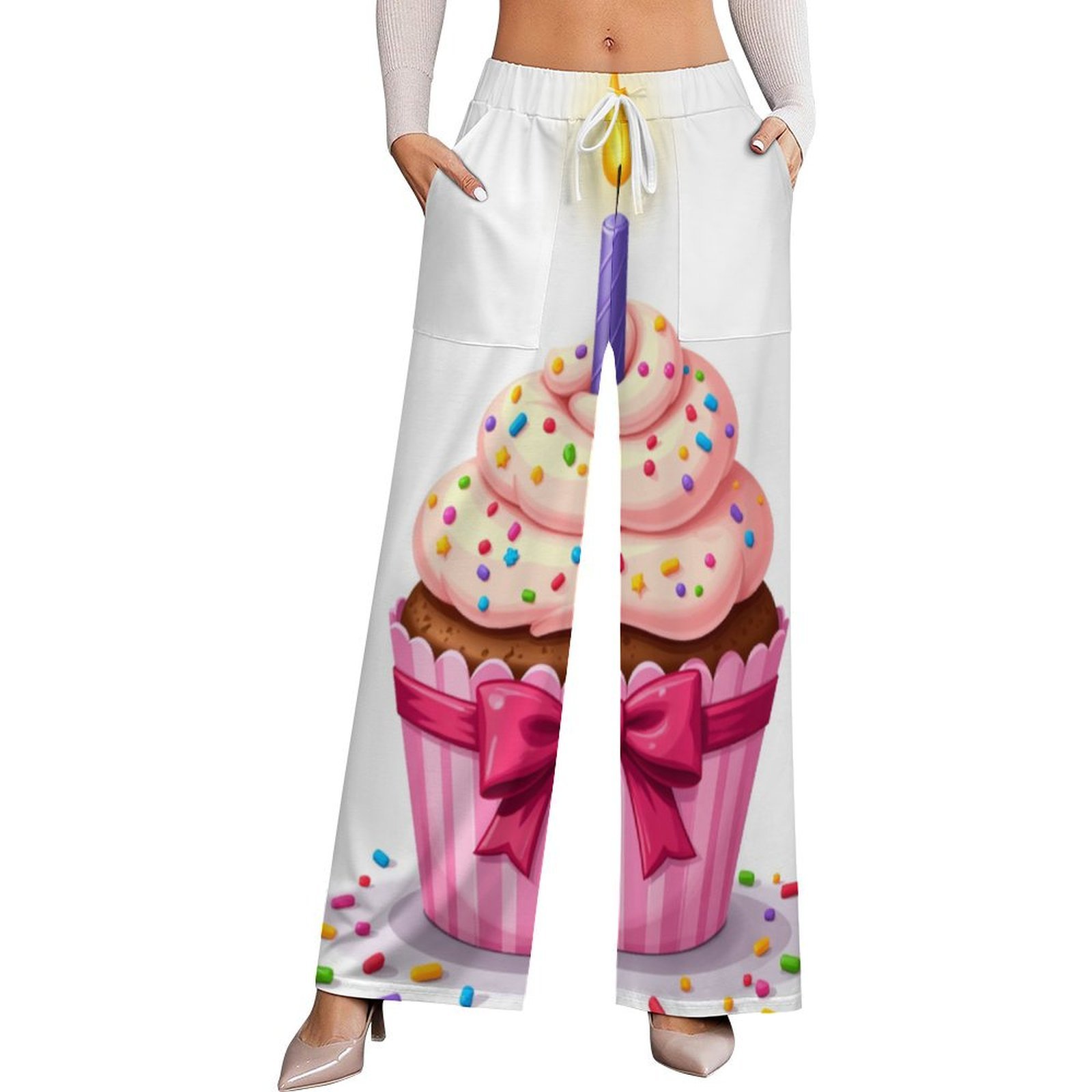 Birthday Cupcake with Candle Burning Women's Casual Wide Leg Pants ...