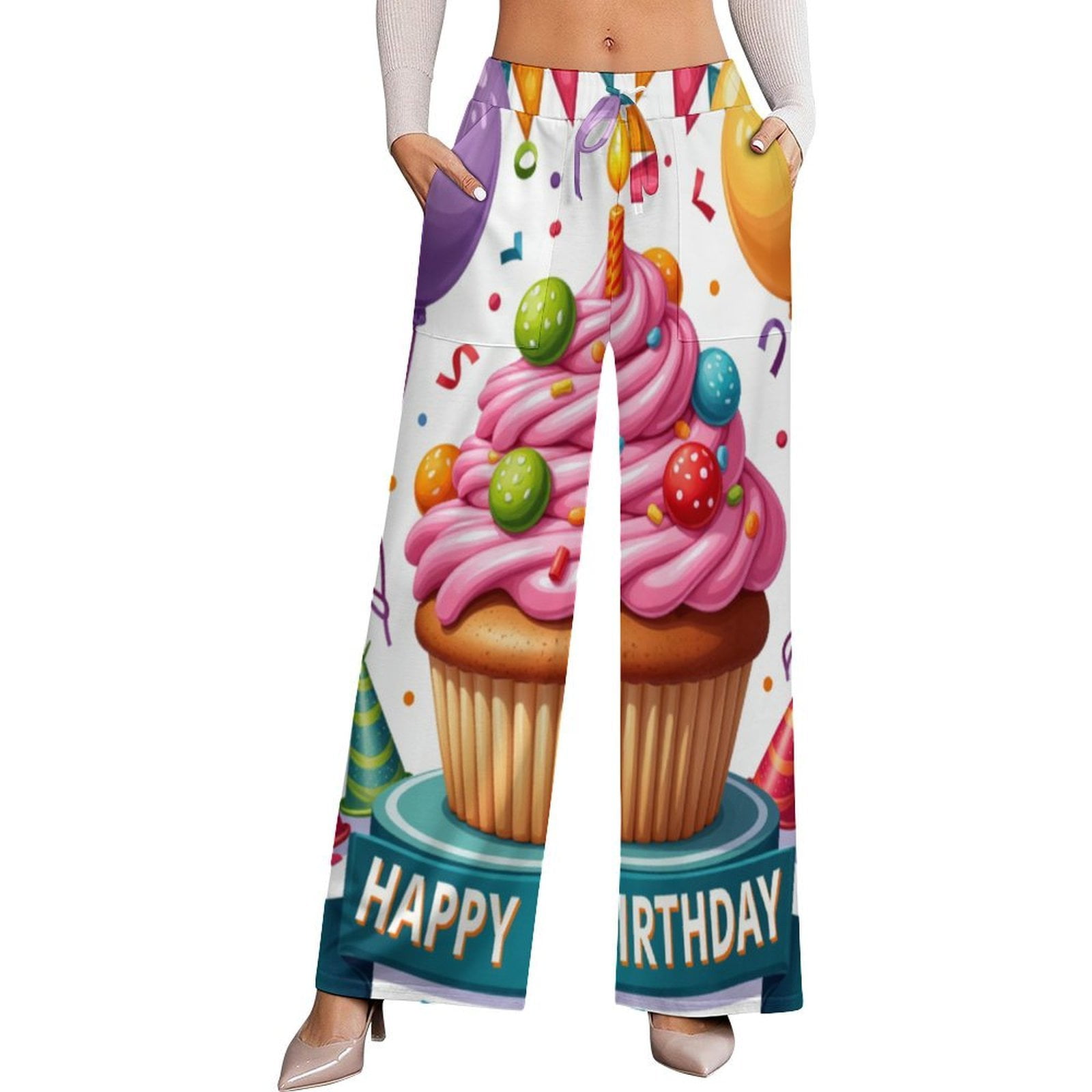 Birthday Cupcake with Colorful Balloons Women's Casual Wide Leg Pants ...