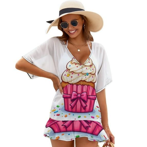 Birthday Cupcake with Lit Candle Beach Cover Ups Women V Neck Short ...