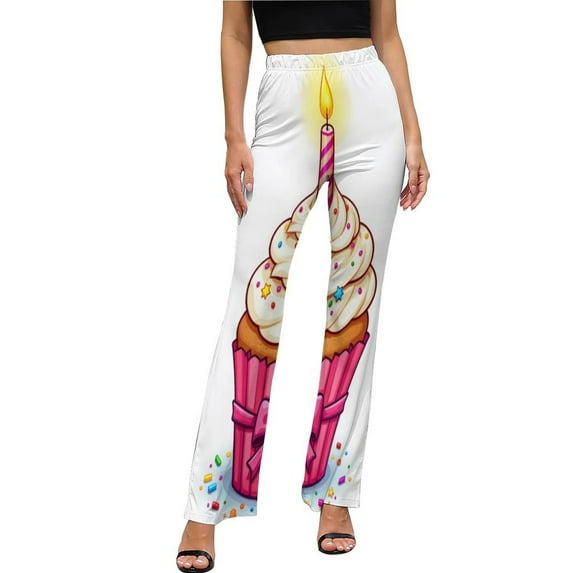 Birthday Cupcake with Lit Candle High Waisted Casual Flared Trousers ...