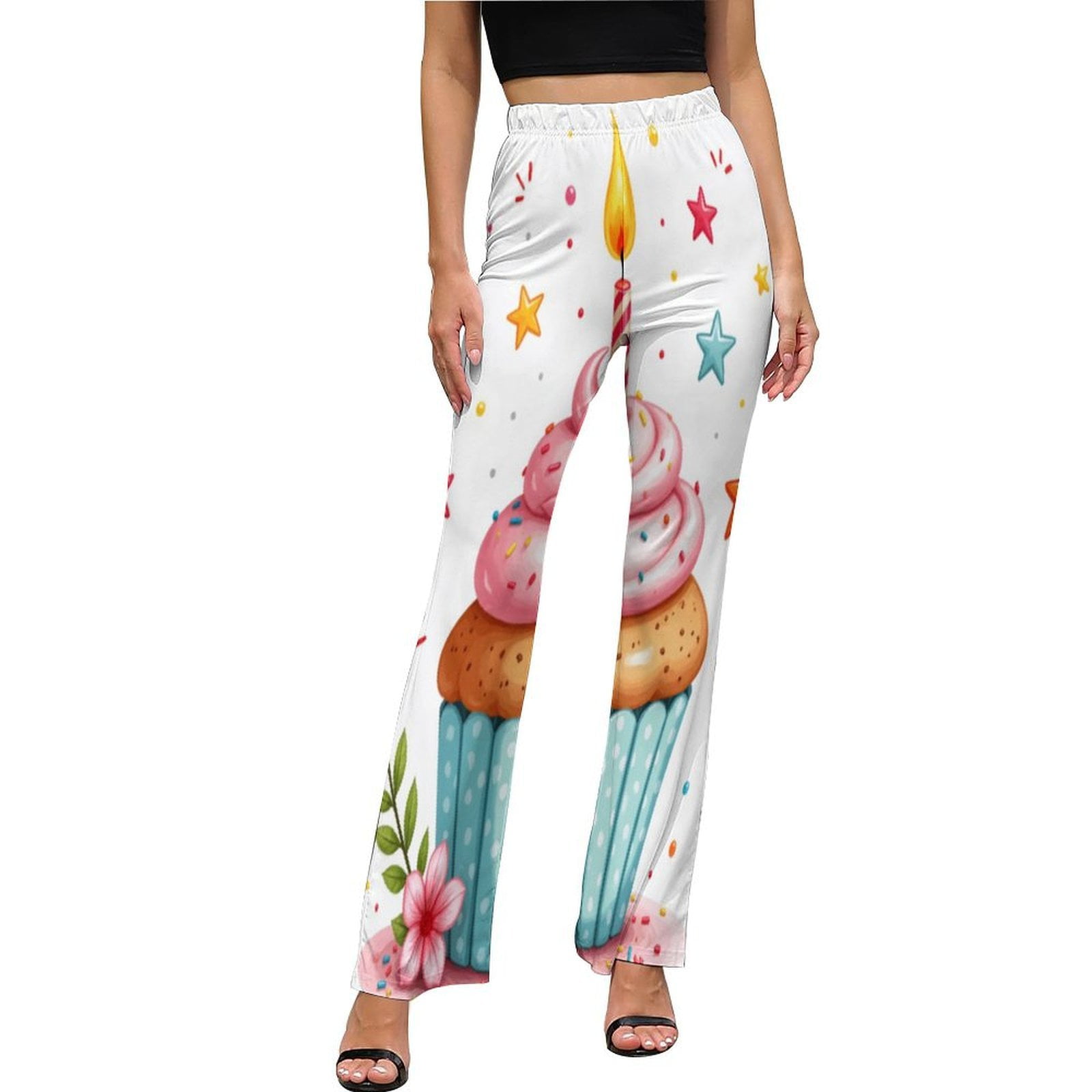 Birthday Cupcake with Lit Candle High Waisted Casual Flared Trousers ...