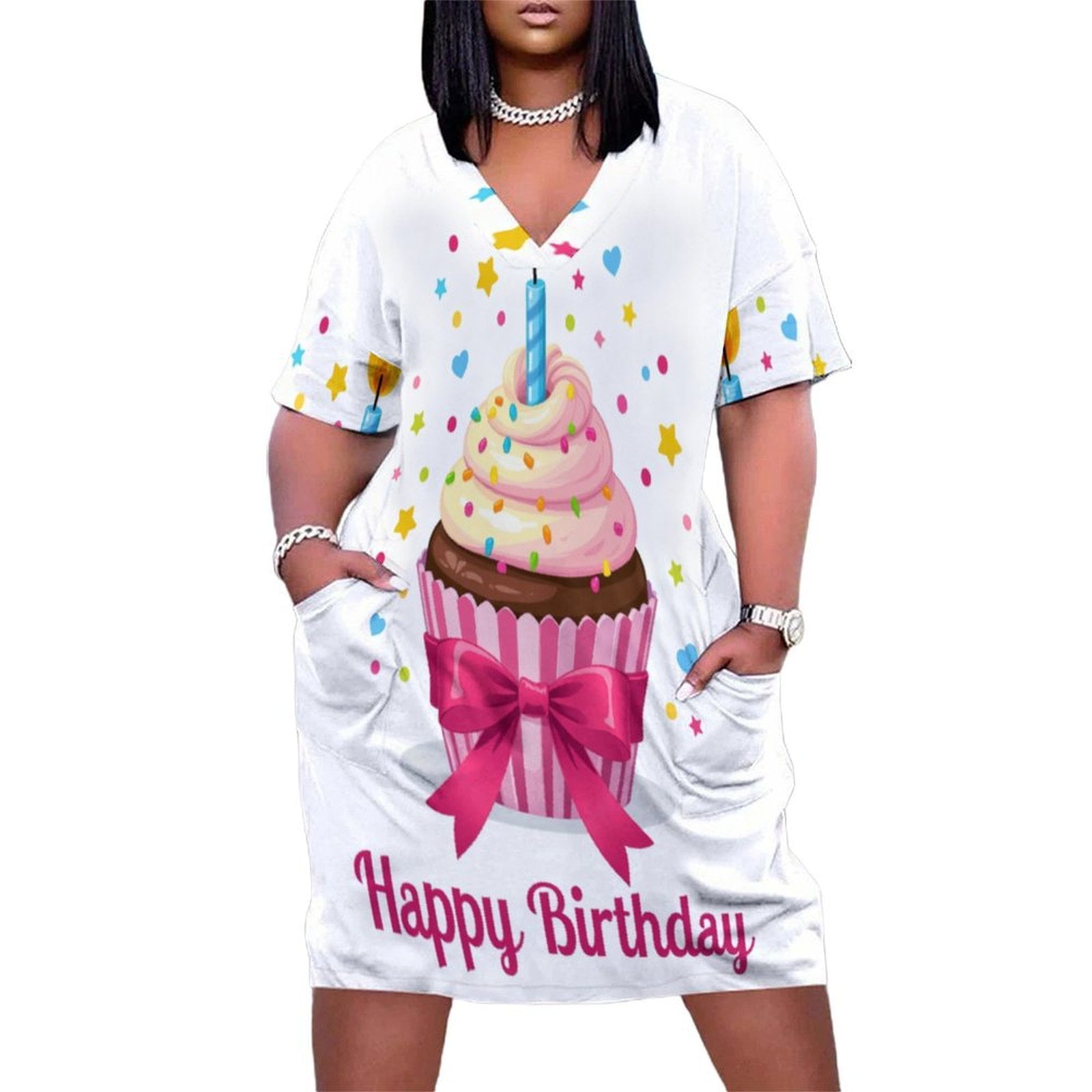 Birthday Cupcake with Lit Candle Loose Pocket Dress Dresses Summer ...