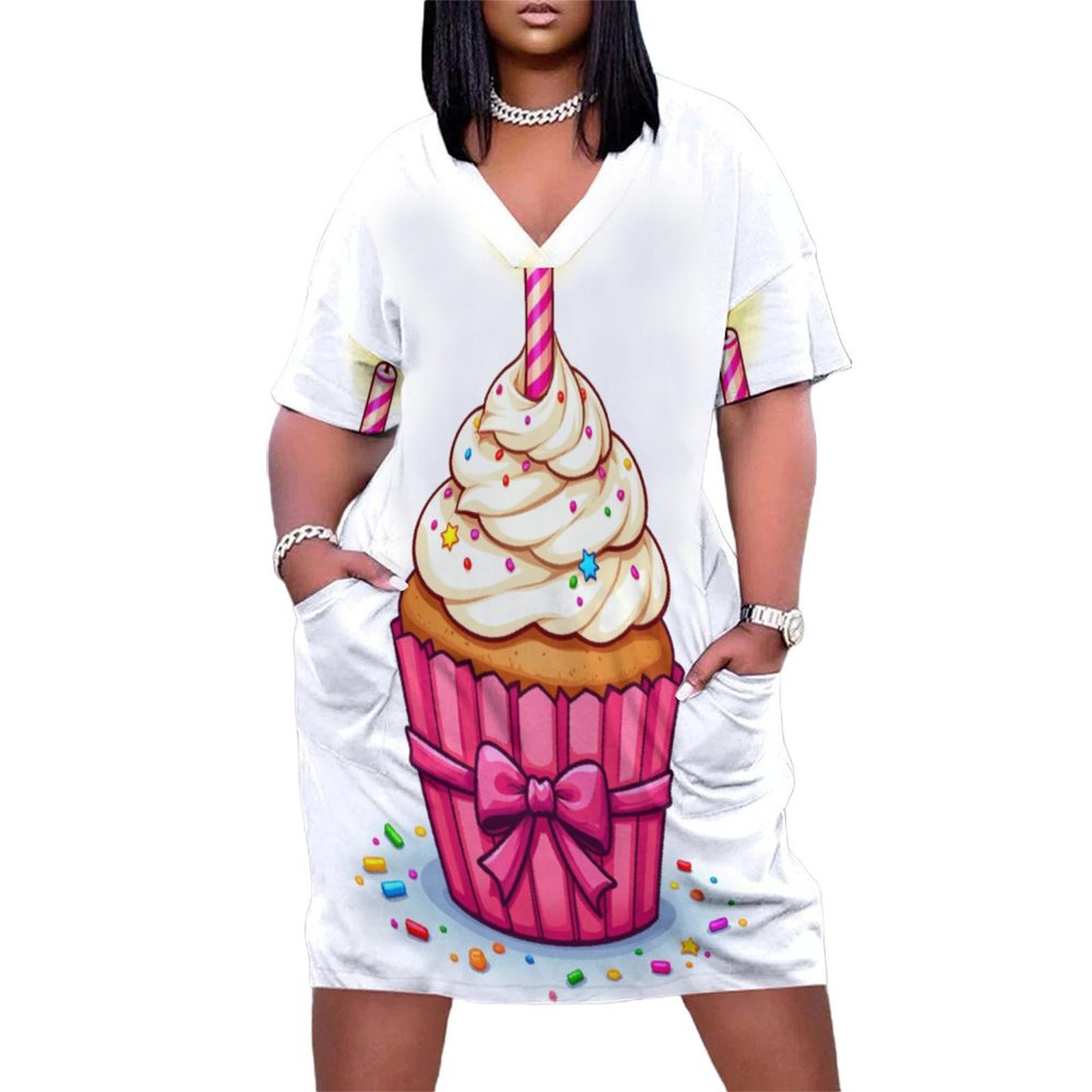 Birthday Cupcake with Lit Candle Loose Pocket Dress Dresses Summer ...