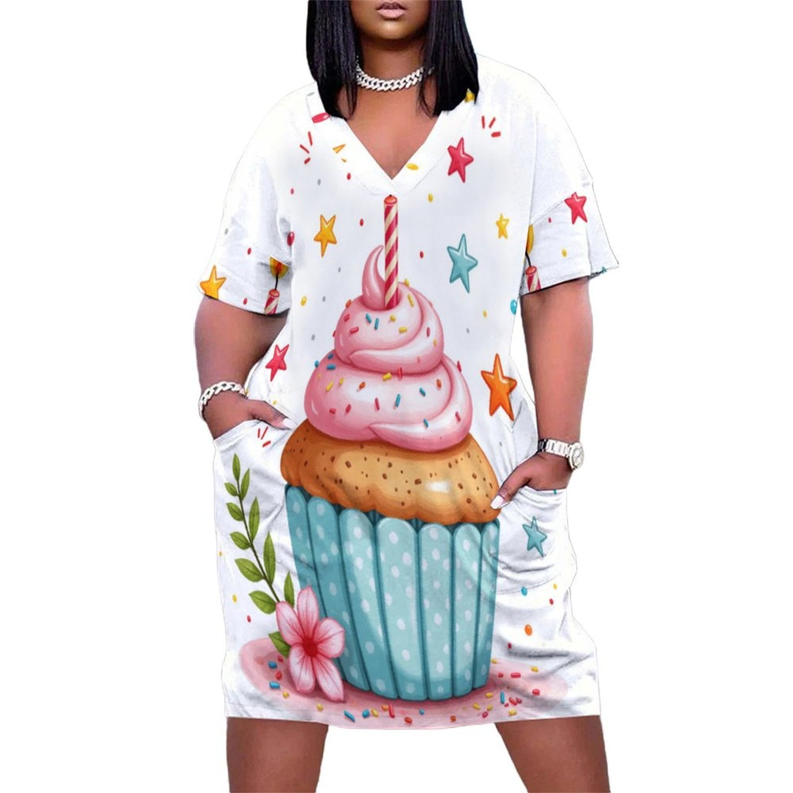 Birthday Cupcake with Lit Candle Loose Pocket Dress Dresses Summer ...