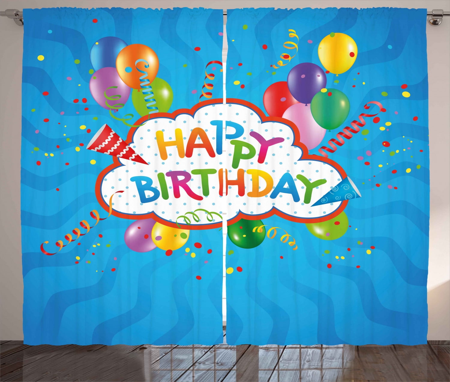 Ambesonne Blue Curtains 2 Panel Set, Greeting Text Party Hats, 108" x ...