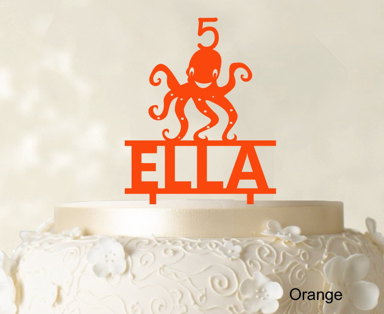 """Birthday Custom Name Cake Topper"" With Octopus Figure Orange Cake ...
