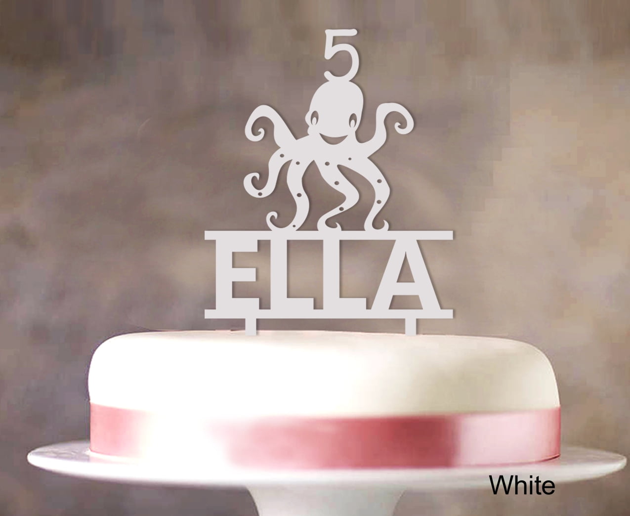 """Birthday Custom Name Cake Topper"" With Octopus Figure White Cake ...