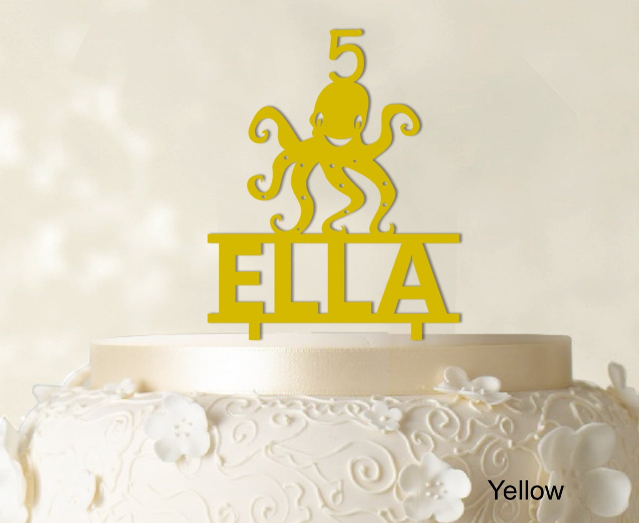 """Birthday Custom Name Cake Topper"" With Octopus Figure Yellow Cake ...