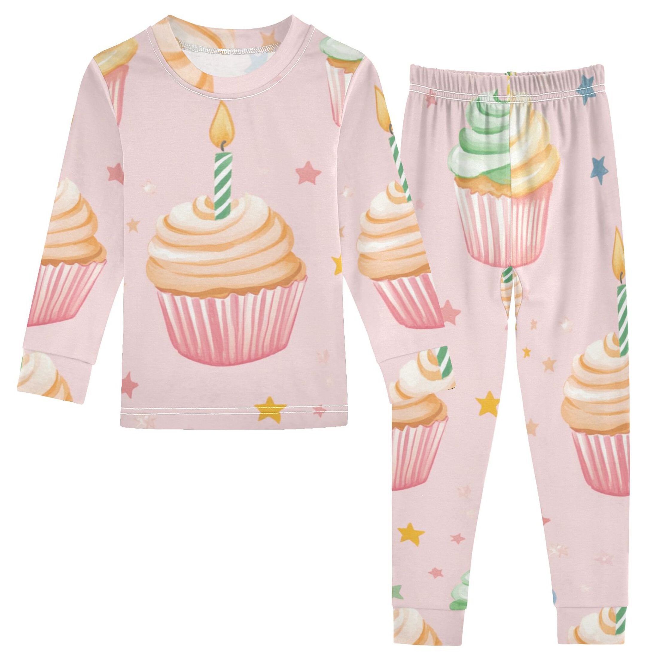 Birthday Cute Cupcakes with Candles Stars Cotton Pajama Set Long Sleeve ...