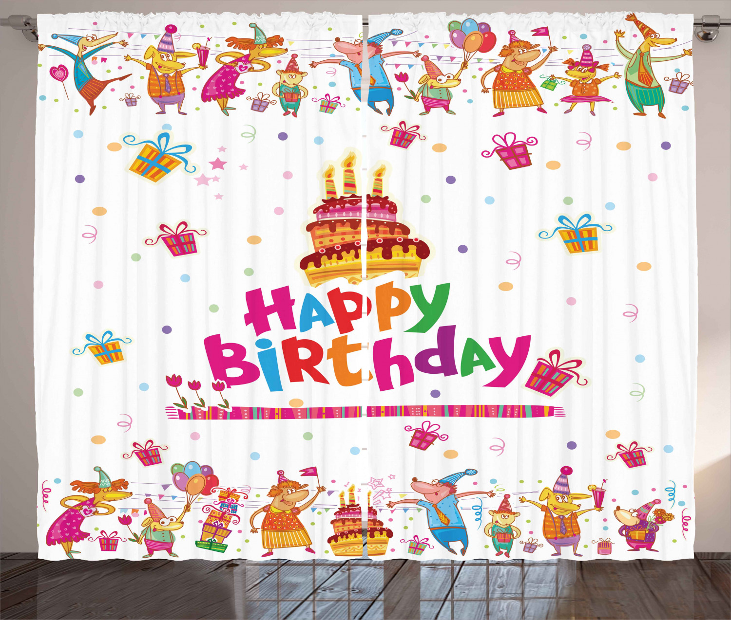 Ambesonne Fun Curtains 2 Panel Set, Joyful Mouses Party Mood, 108" x 84 ...