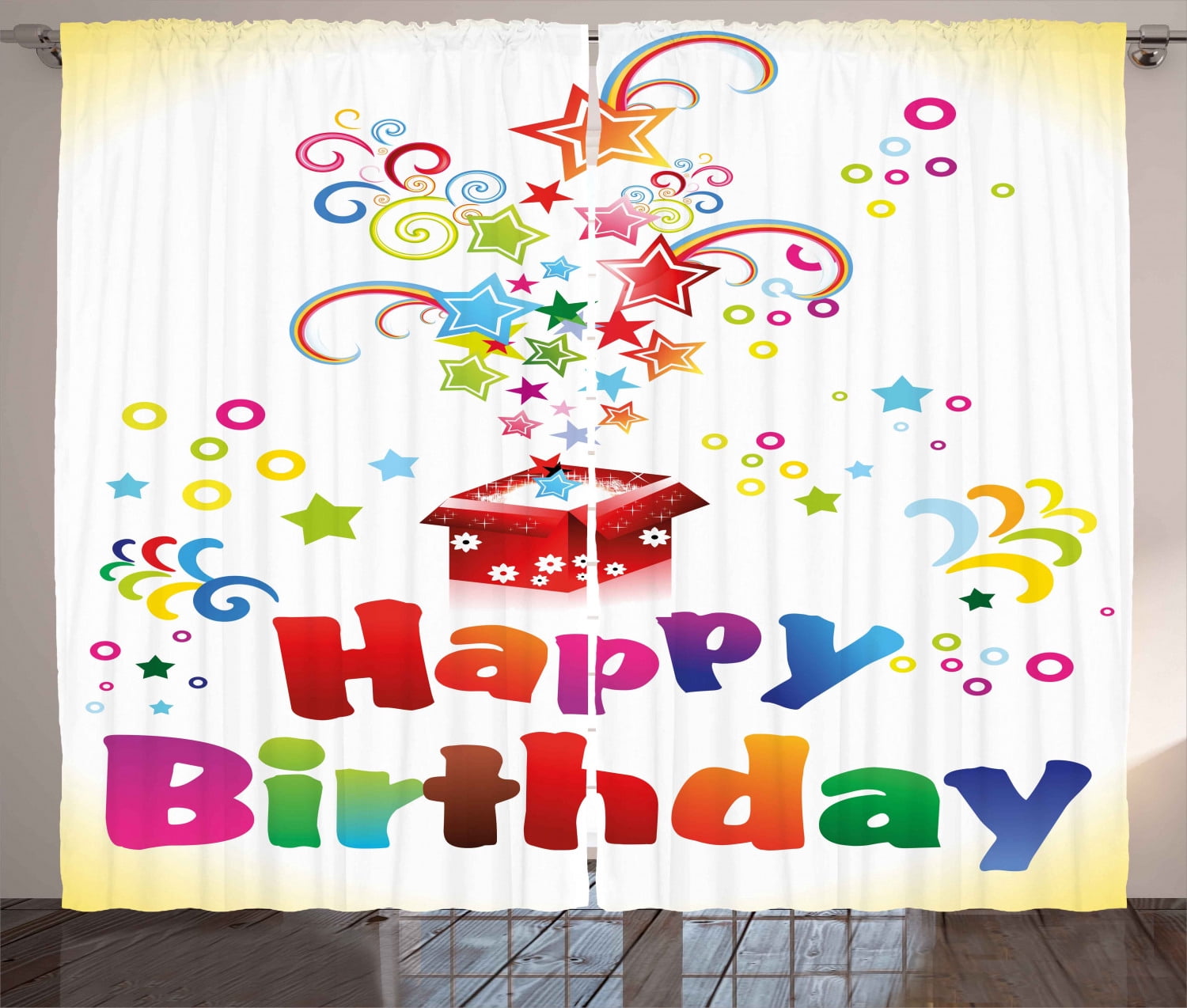 Ambesonne Birthday Curtains 2 Panel Set, Gift Box Colorful Stars, 108 ...