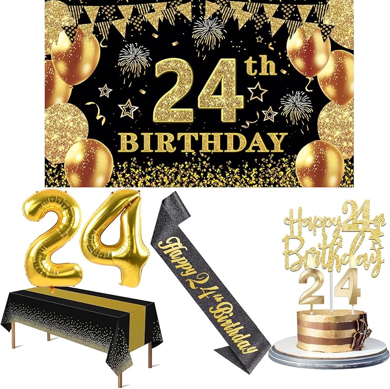 Birthday Decorations Men Women with 24th Birthday Banner, Black and ...
