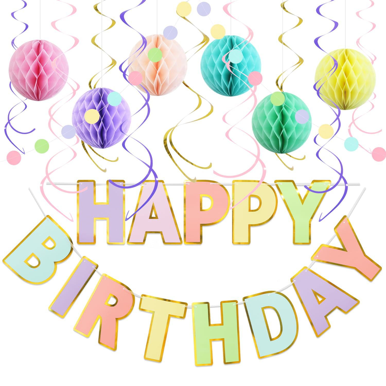 Birthday Decorations, NO DIY Macaron Happy Birthday Banner, Balls ...