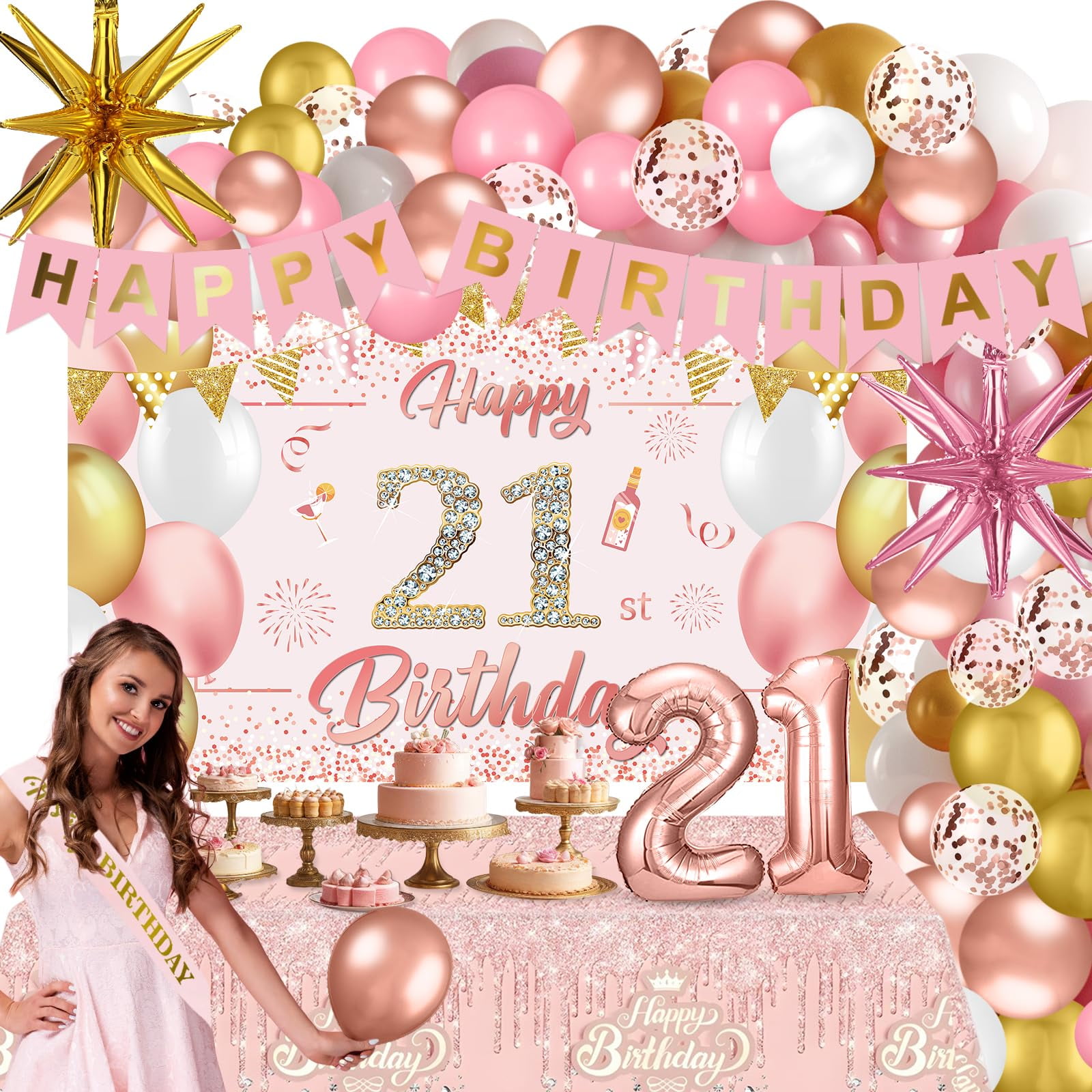 Birthday Decorations for STF9 Girls 62Pcs Pink Rose Birthday Party ...