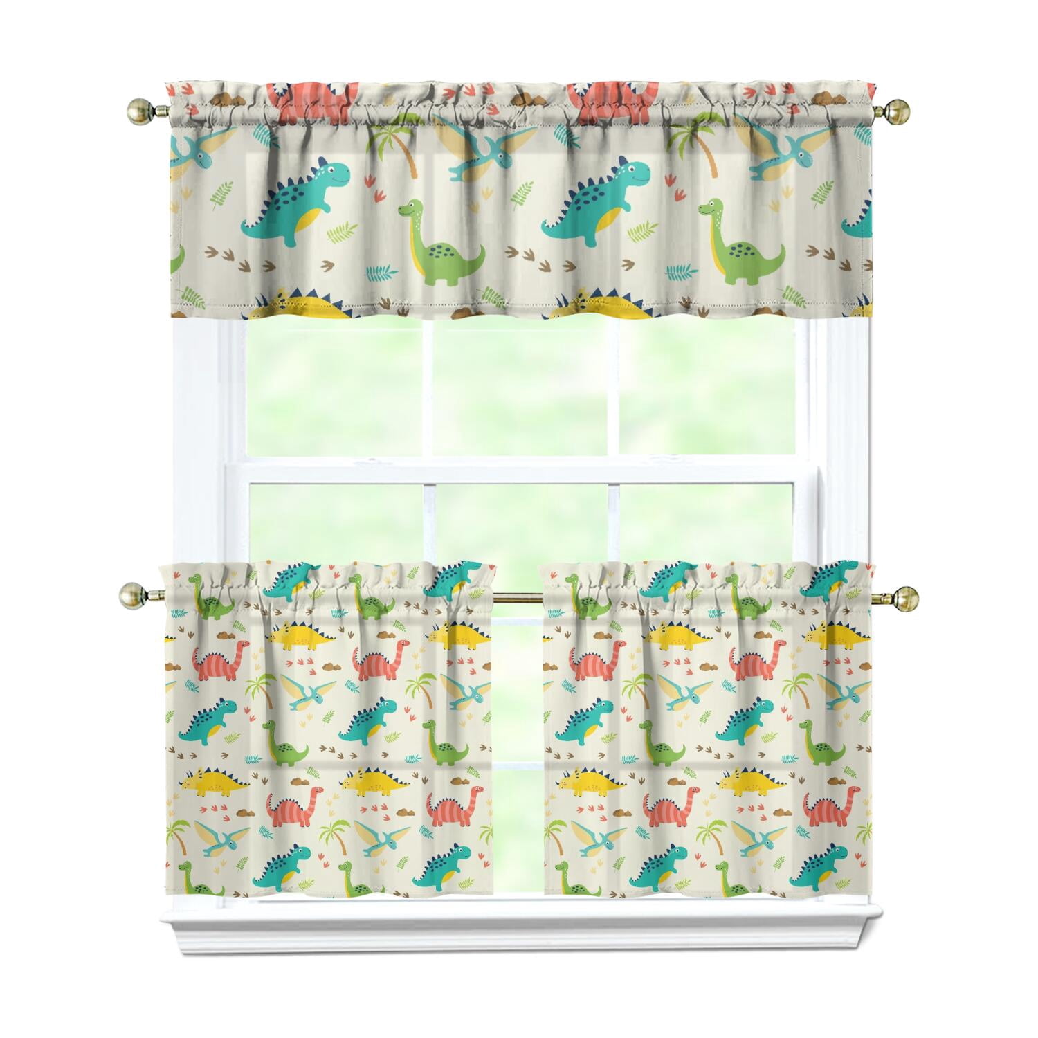 Birthday Dinosaur Curtains Set - Fun Cute Dino & Stars Pattern, Semi ...