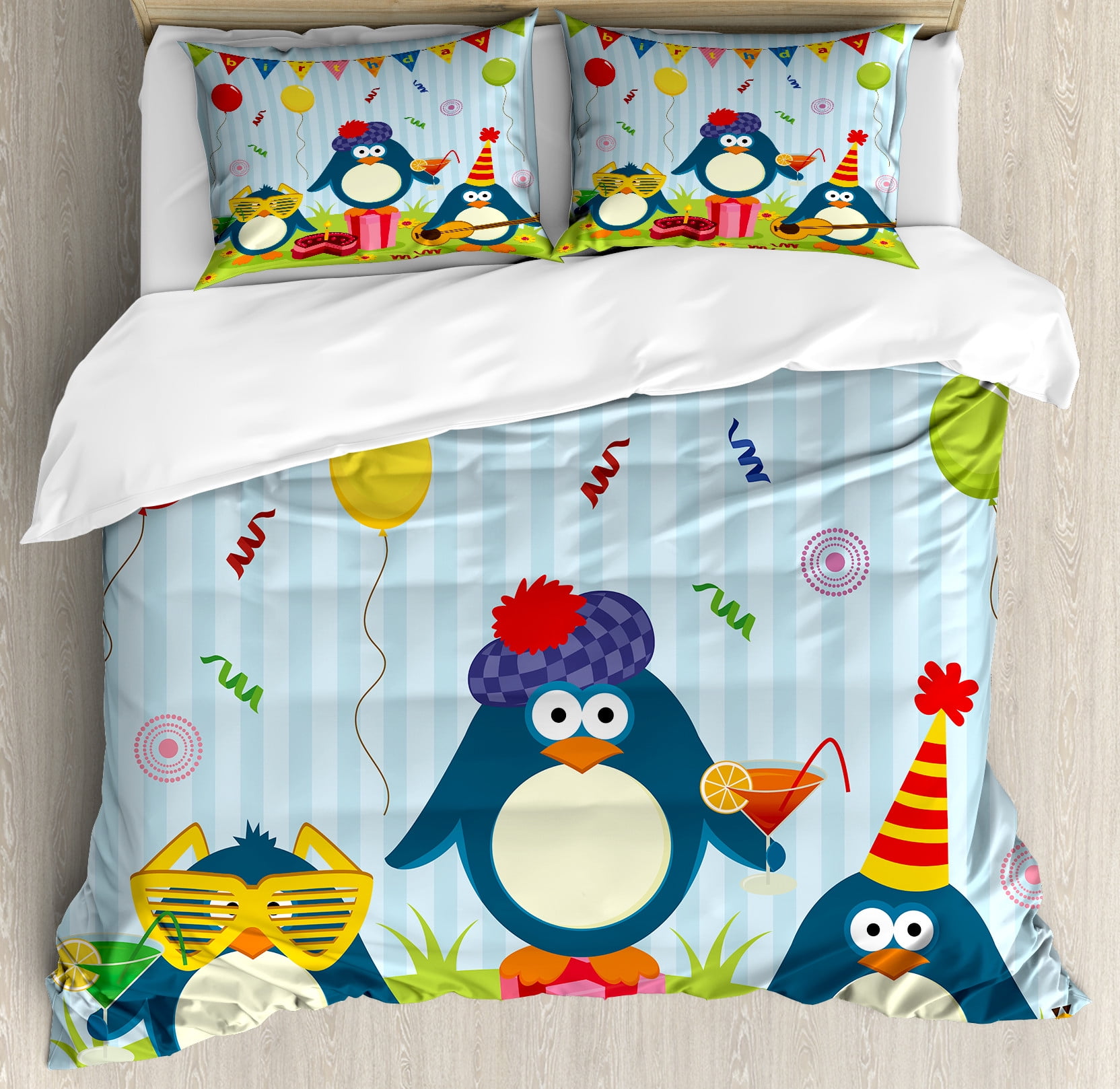 Birthday Duvet Cover Set, Cartoon Style Penguin Party with Flags Cakes ...