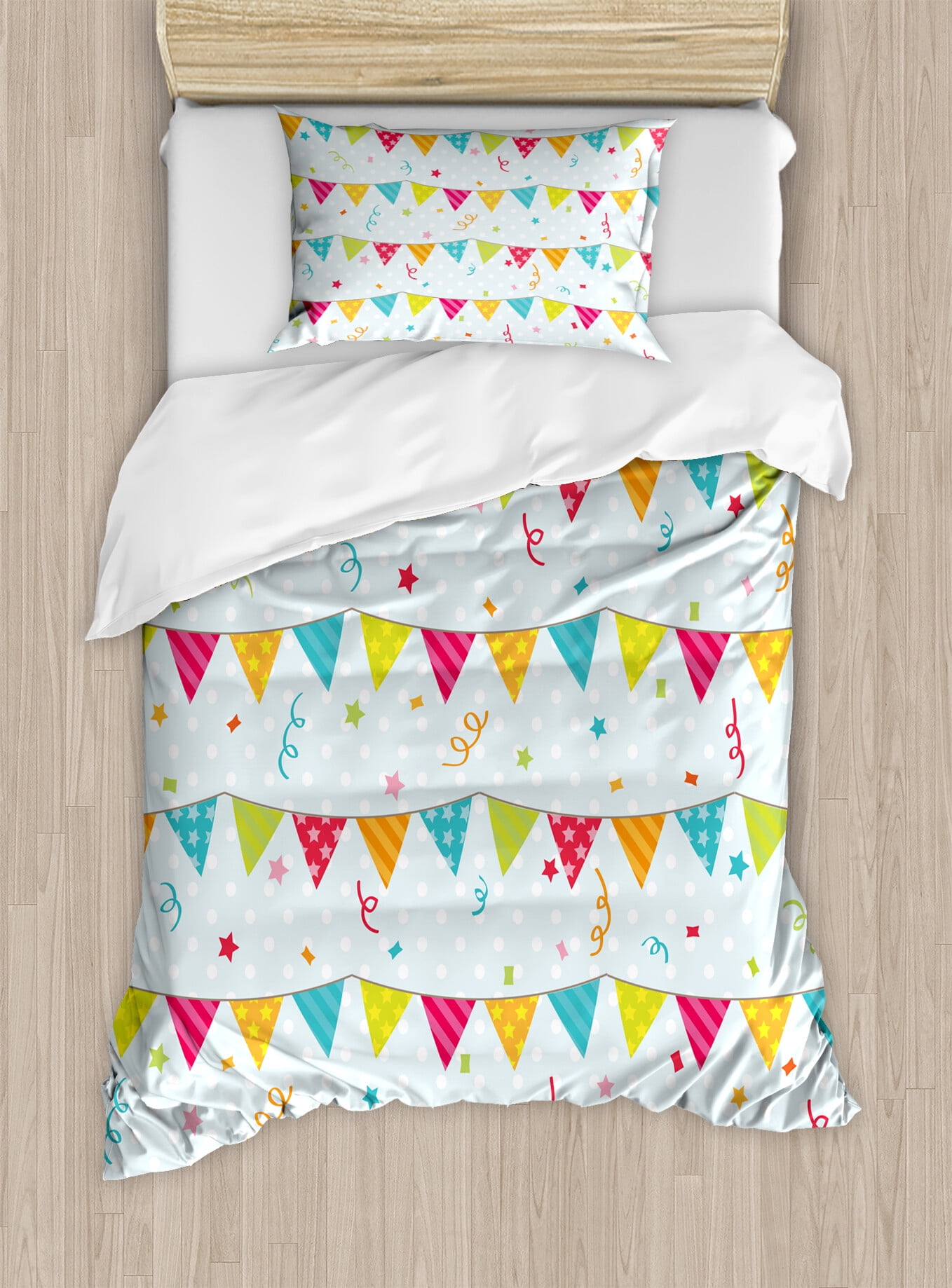 Birthday Duvet Cover Set, Colorful Triangular Party Flags on the Swirls ...
