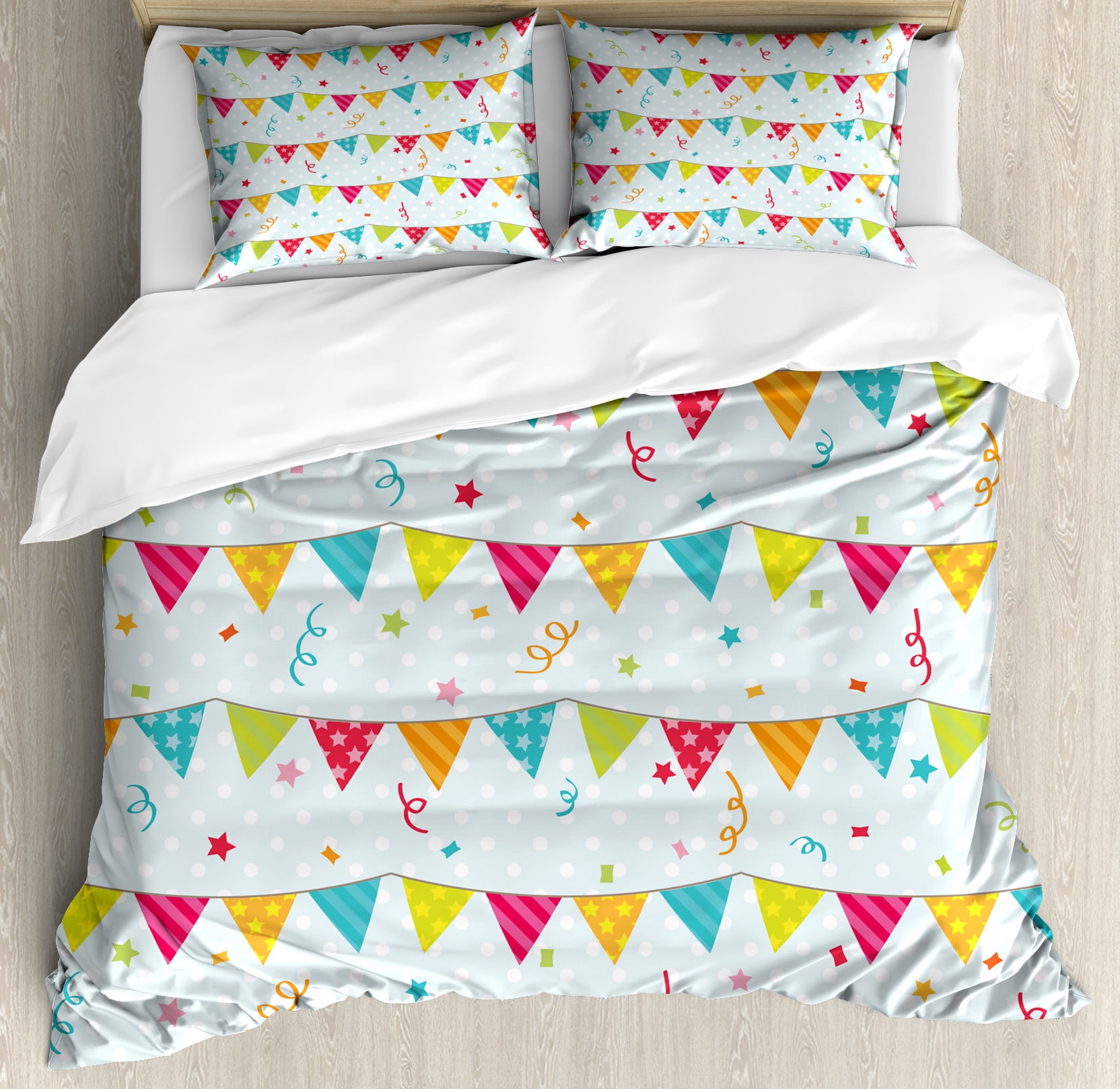 Birthday Duvet Cover Set, Colorful Triangular Party Flags on the Swirls ...