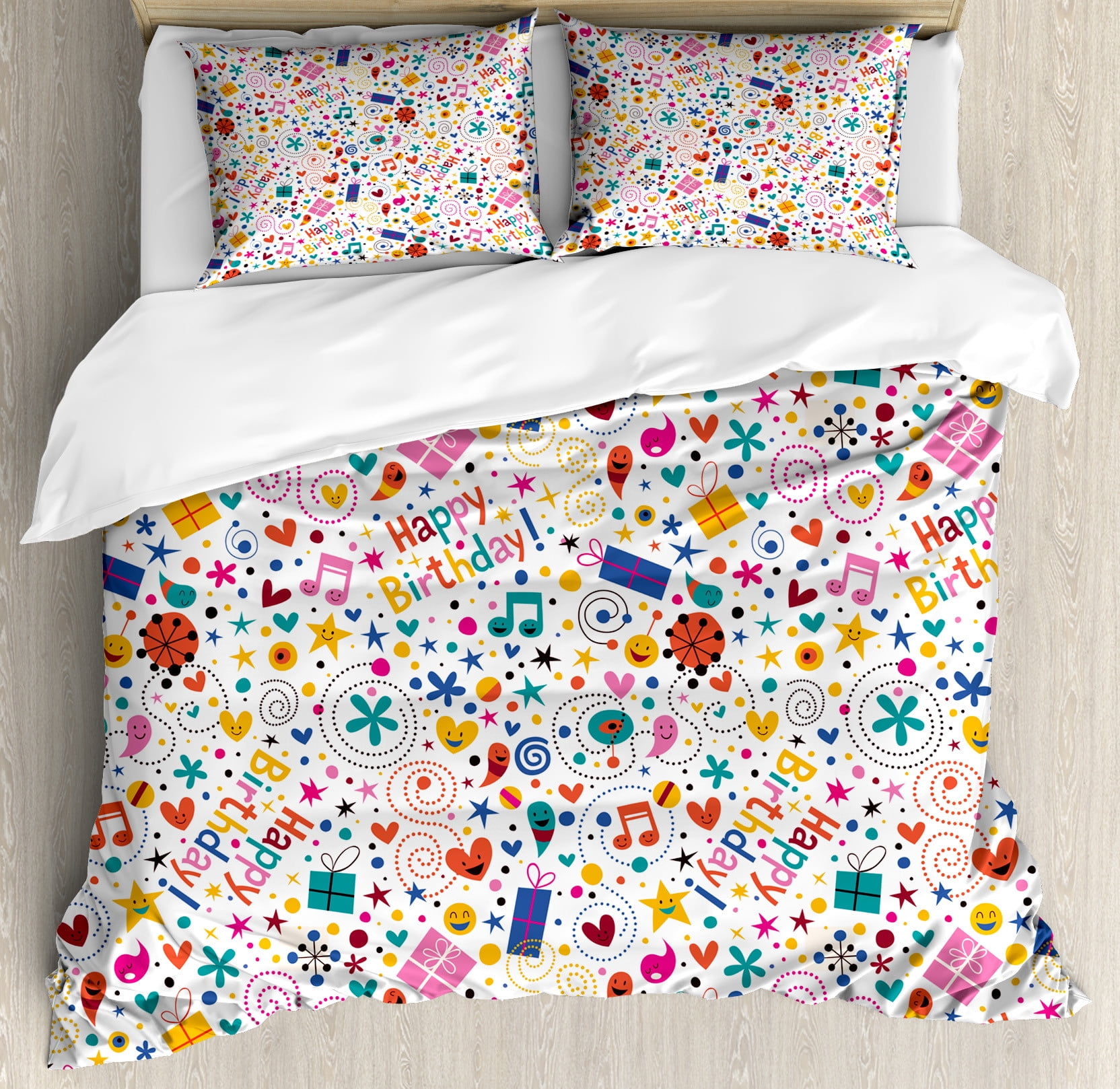 Birthday Duvet Cover Set, Dotted Spirals Stars Hearts Musical Notes ...