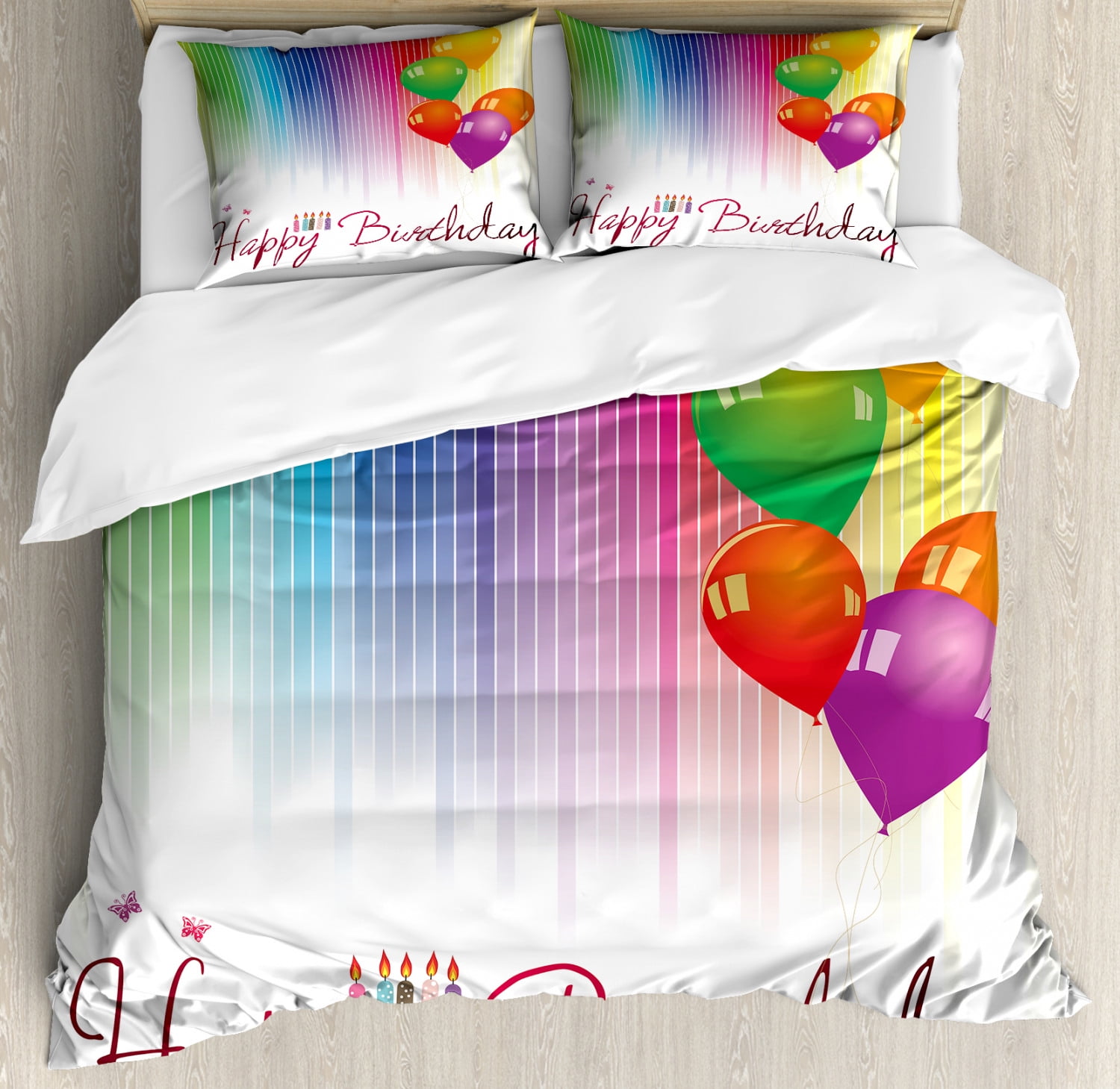 Birthday Duvet Cover Set King Size, Rainbow Colored Striped Backdrop ...