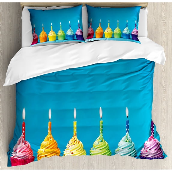 Birthday Duvet Cover Set Queen Size, Cupcakes in Rainbow Colors with ...