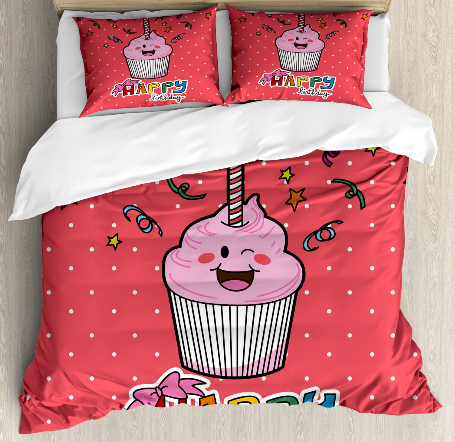 Birthday Duvet Cover Set Queen Size, Pink Strawberry Flavor Cupcake ...