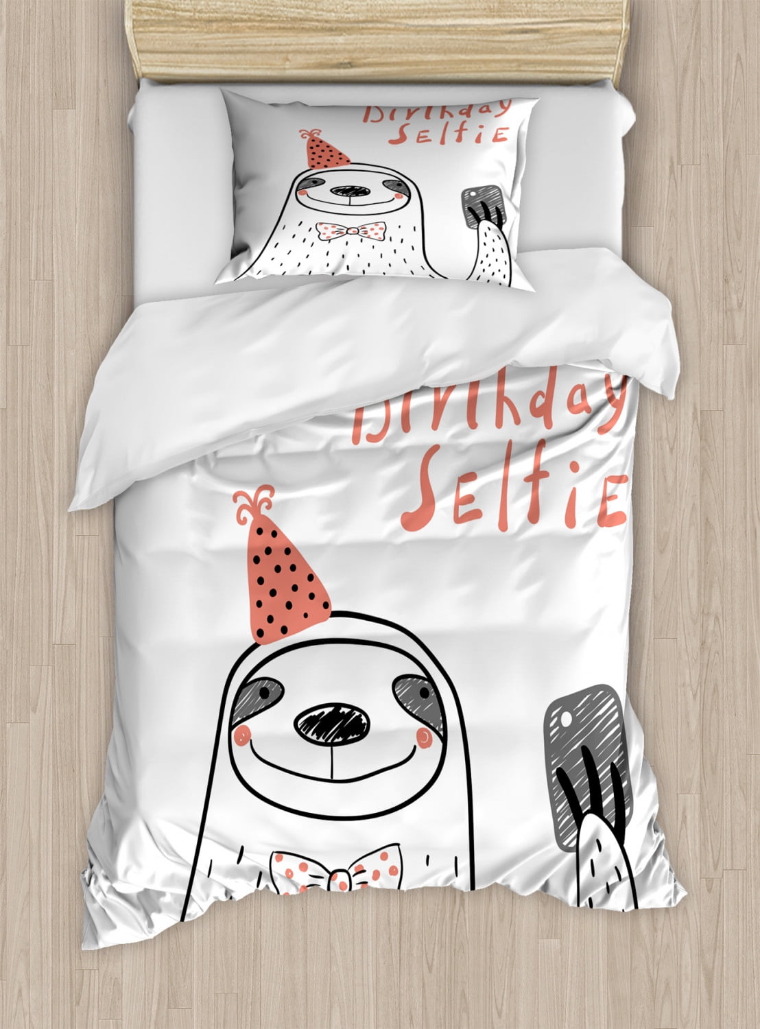 Birthday Duvet Cover Set Twin Size, Sloth Self Portrait Smiley Face ...