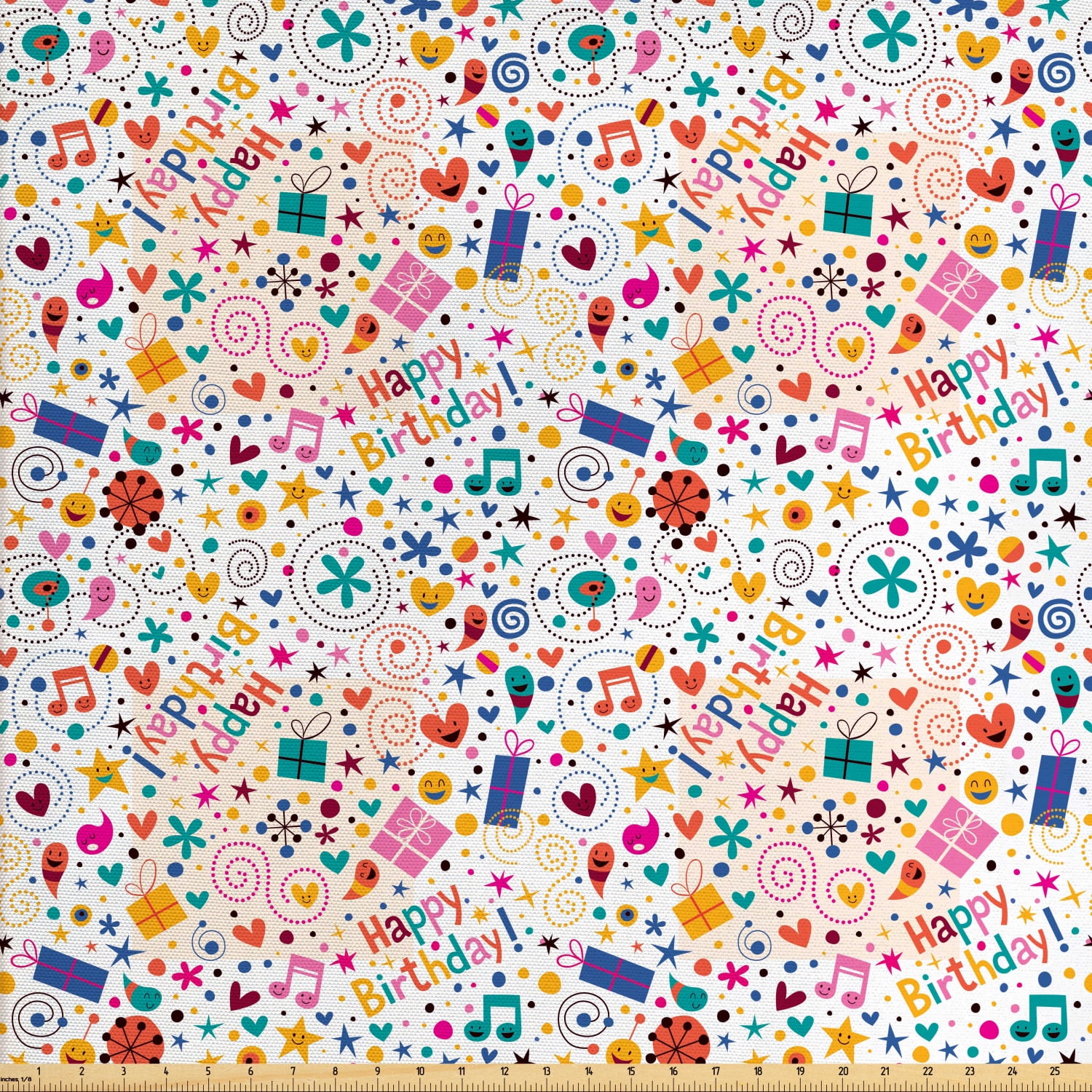 Birthday Fabric by the Yard, Dotted Spirals Stars Hearts Musical Notes ...
