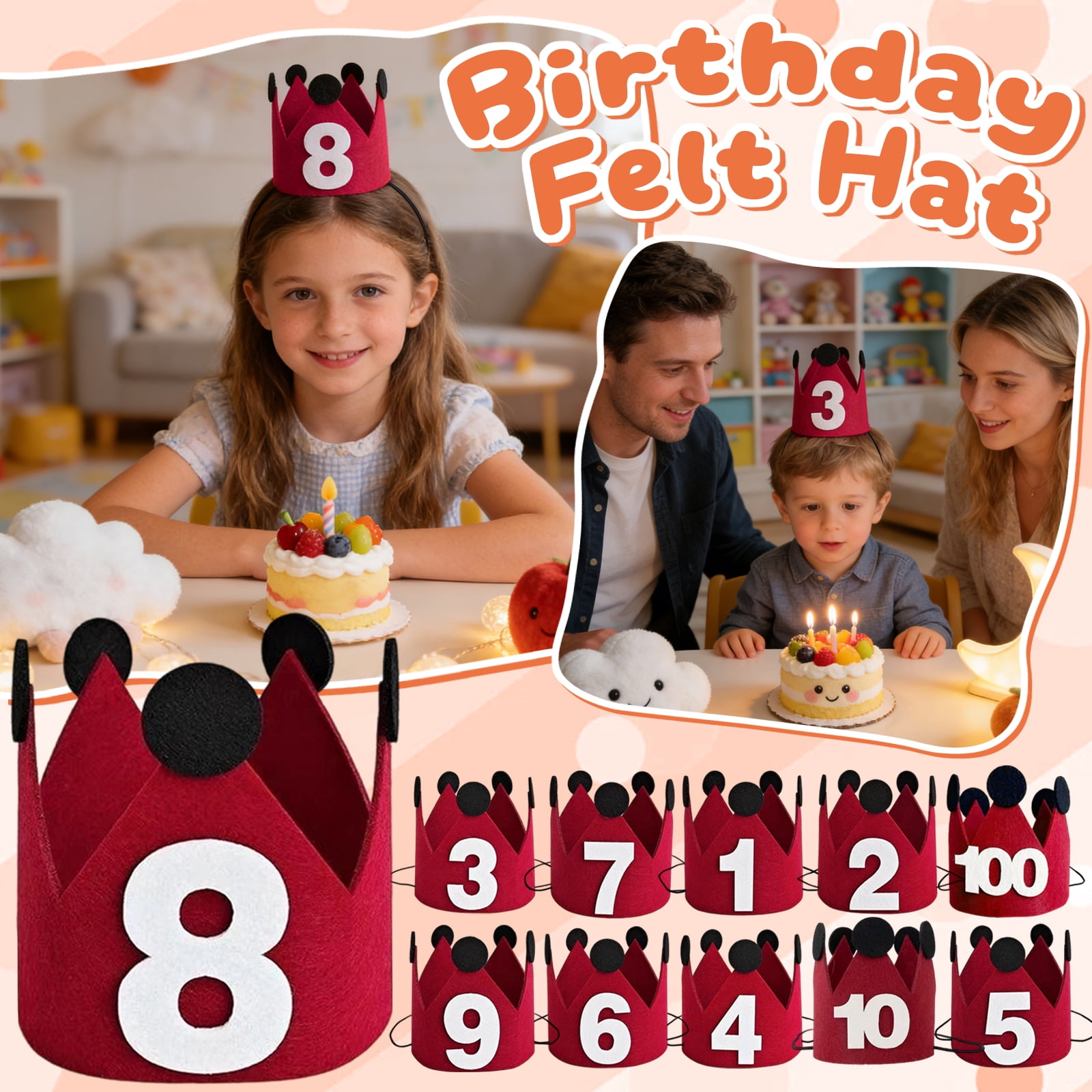 Birthday Felt Crown Hats with Numbers 1-10 , Red Party Crowns for ...