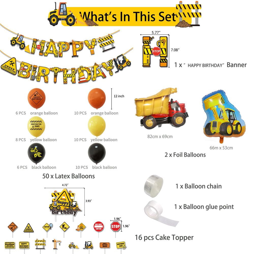 Birthday Flag Backdrops Cake Excavator kids latex balloons Construction ...