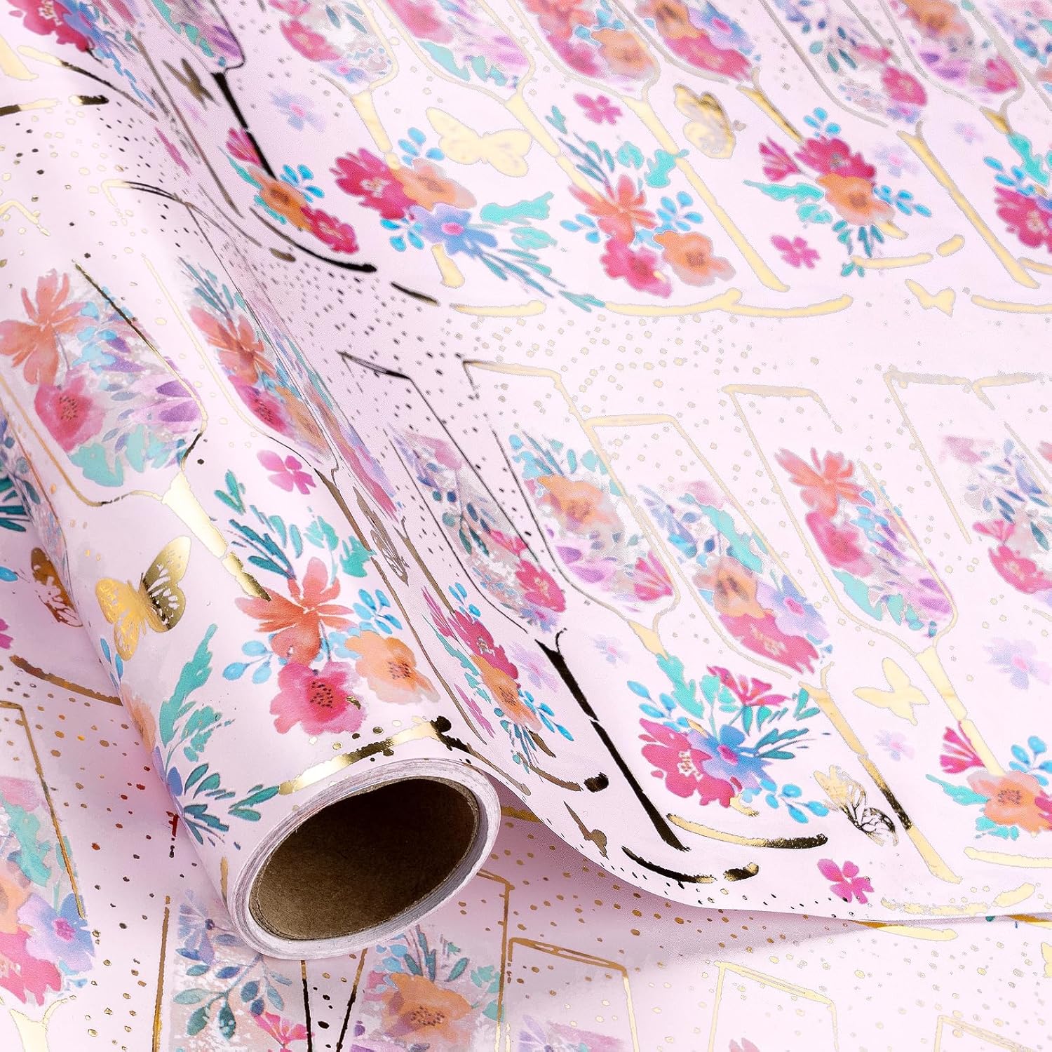 Birthday Floral & Goblet Wrapping Paper Roll, Champagne Glasses ...