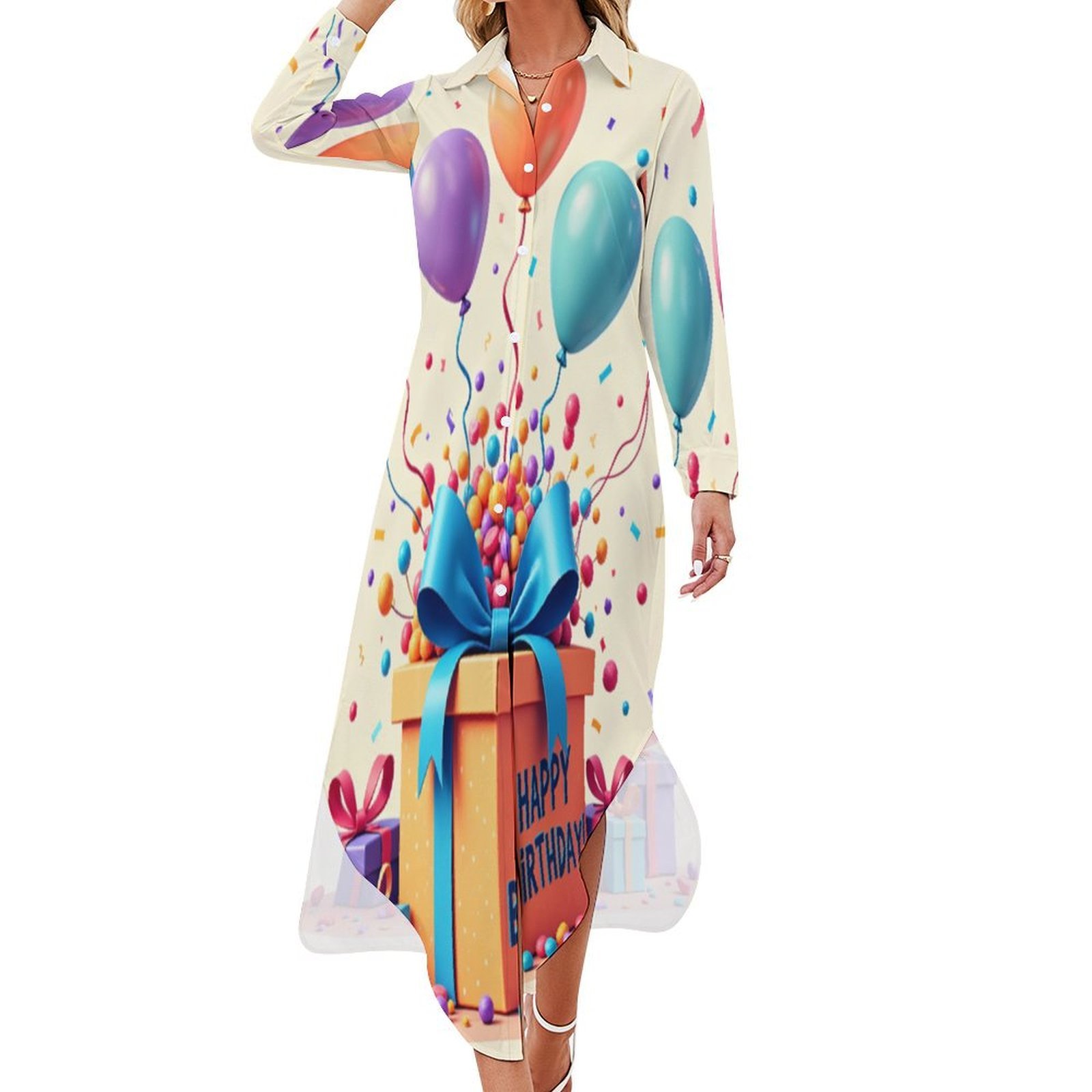 Birthday Gift Box with Balloons Shirt Dress Long Sleeve Street Fashion ...