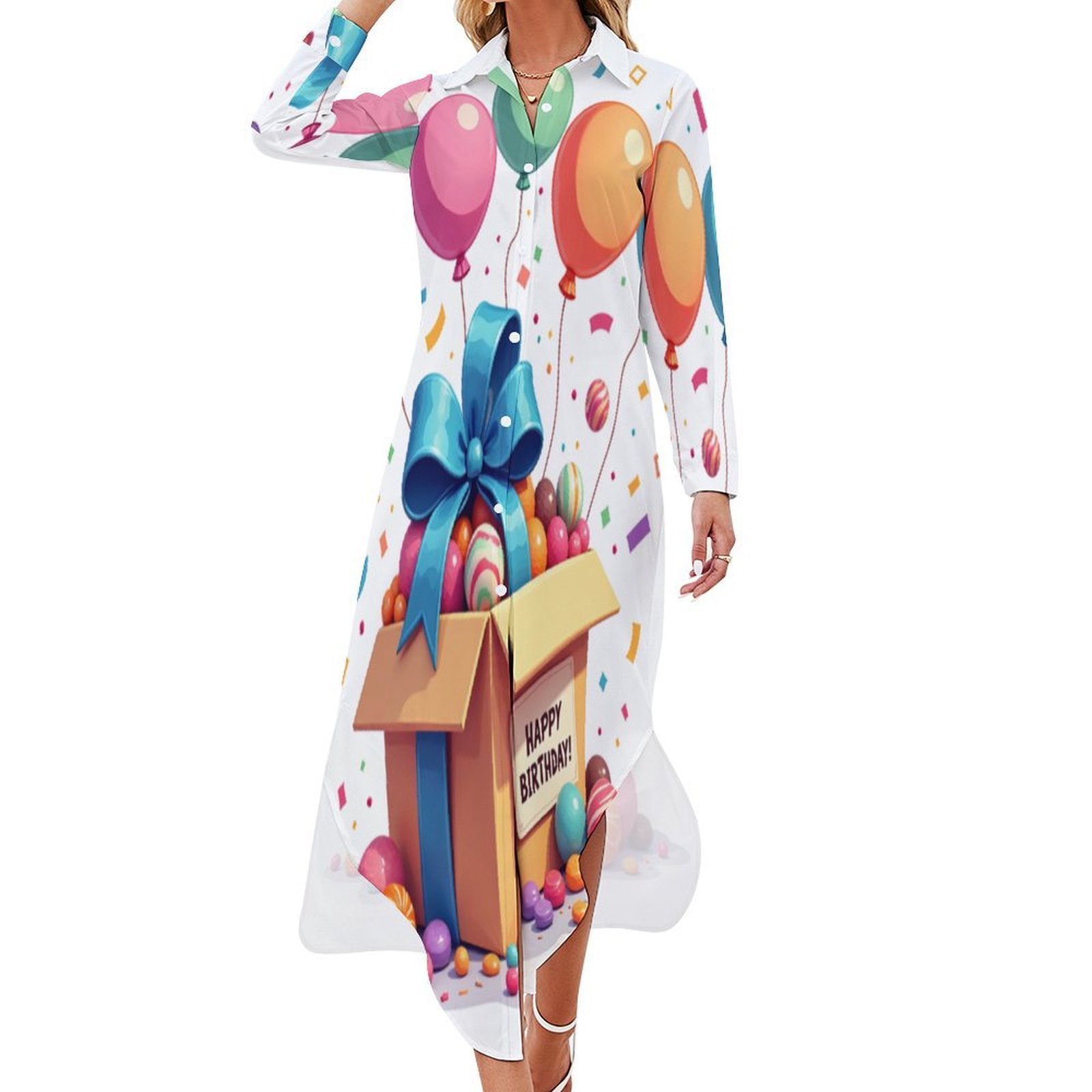 Birthday Gift Box with Balloons Shirt Dress Long Sleeve Street Fashion ...