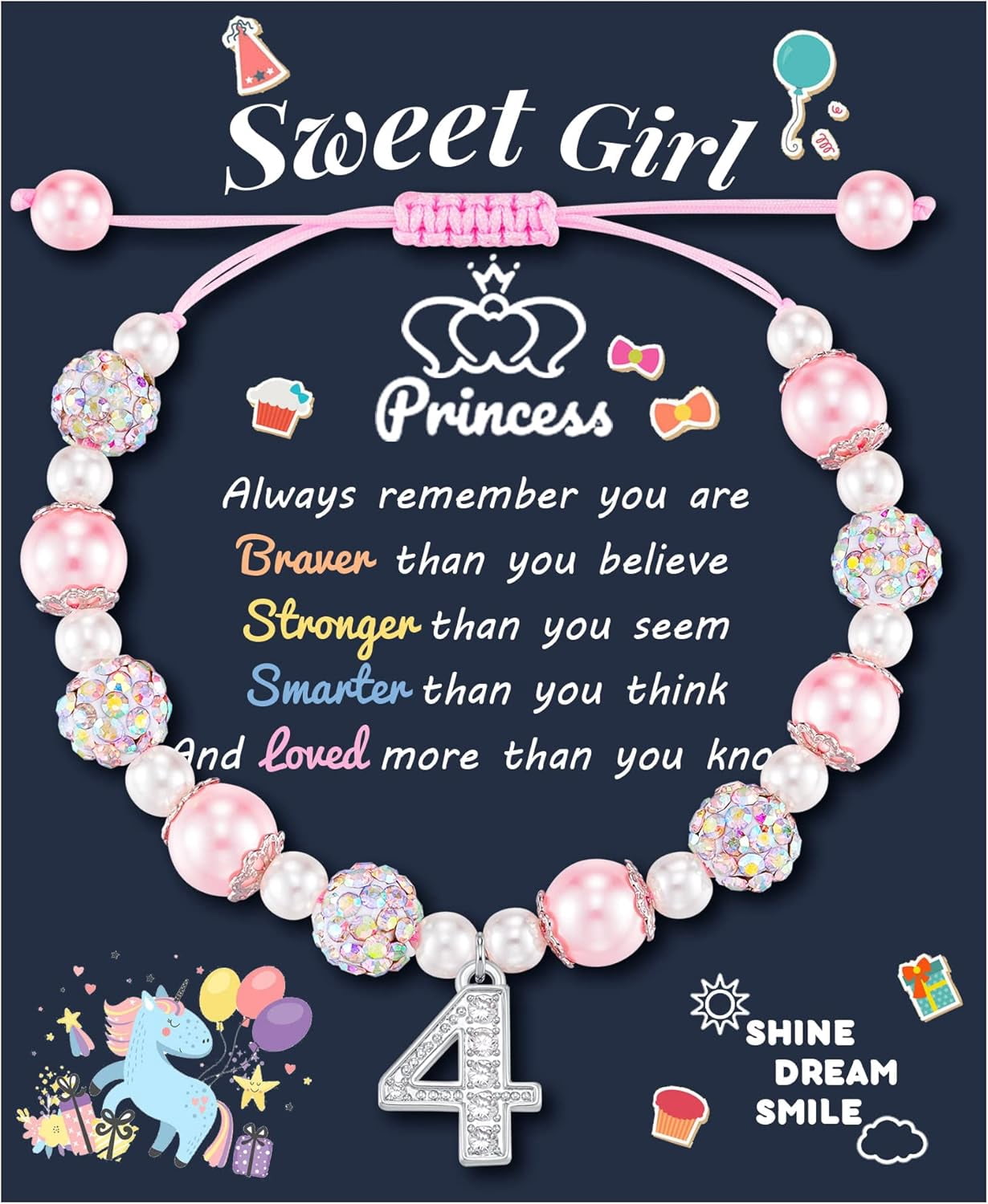 Birthday Gift for 4 to 9 years old, Pink Pearl and Rhinestone Lucky ...