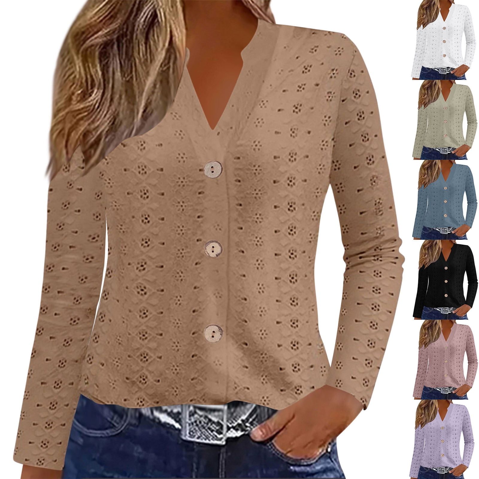 Birthday Gifts! BiZtdJrK Women's Long Sleeve Shirts Casual Button Down V Neck Blouse Solid Color ...