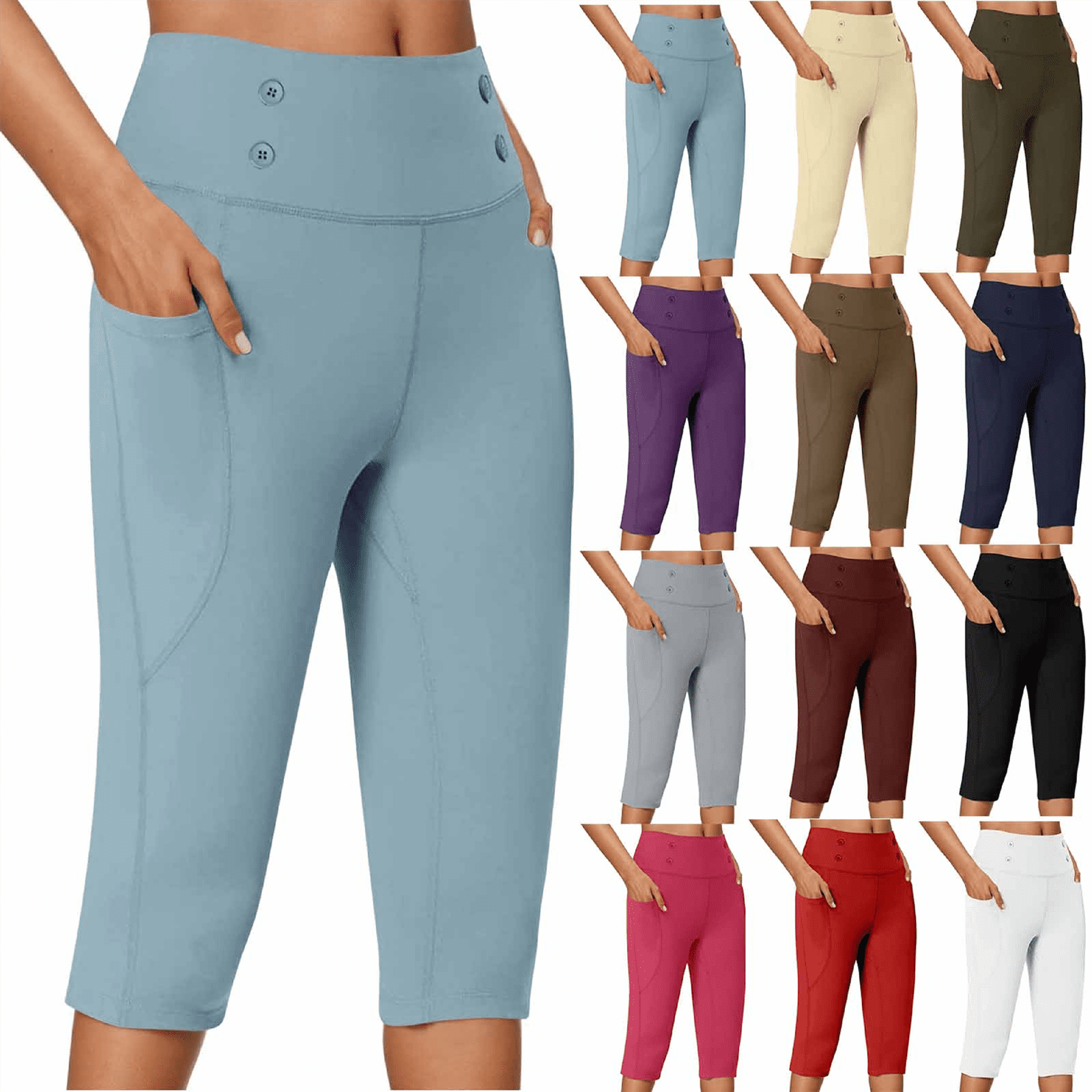 Birthday Gifts! QATAINLAV Yoga Pants Women Knee Length Leggings with Pockets Solid Color Casual ...