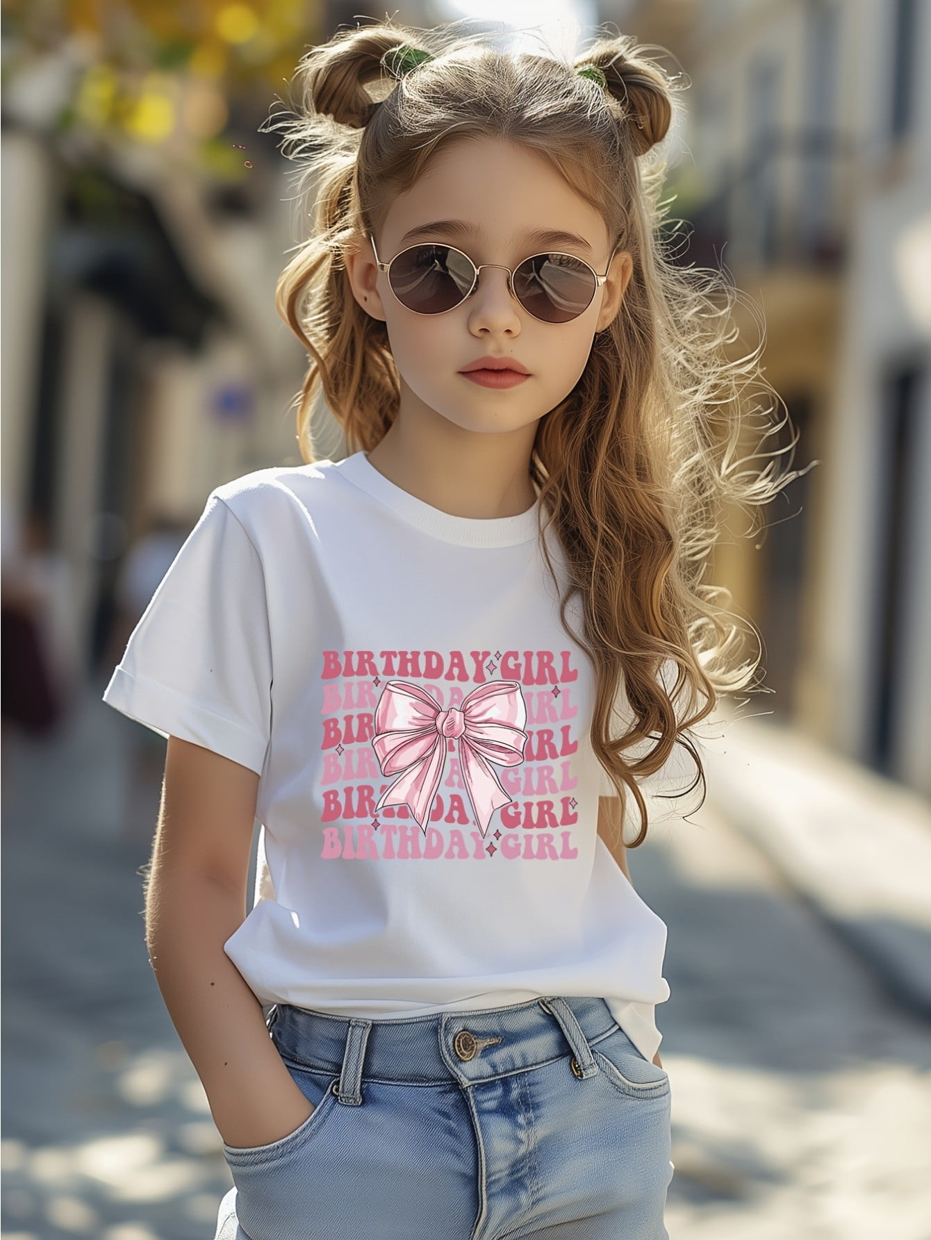 Birthday Girl" Pink Bow Print T-Shirt - Casual Crew Neck, Short Sleeve ...