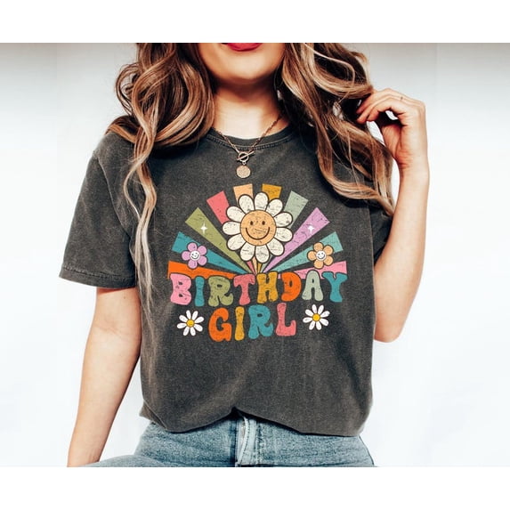 Birthday Girl Retro Floral Graphic Shirt, Rainbow Flower Celebration ...