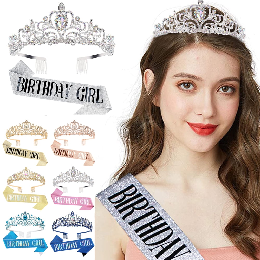 "Birthday Girl" Sash and Rhinestone Tiara Set, Women Birthday Sash and Crown Decoration, Glitter ...