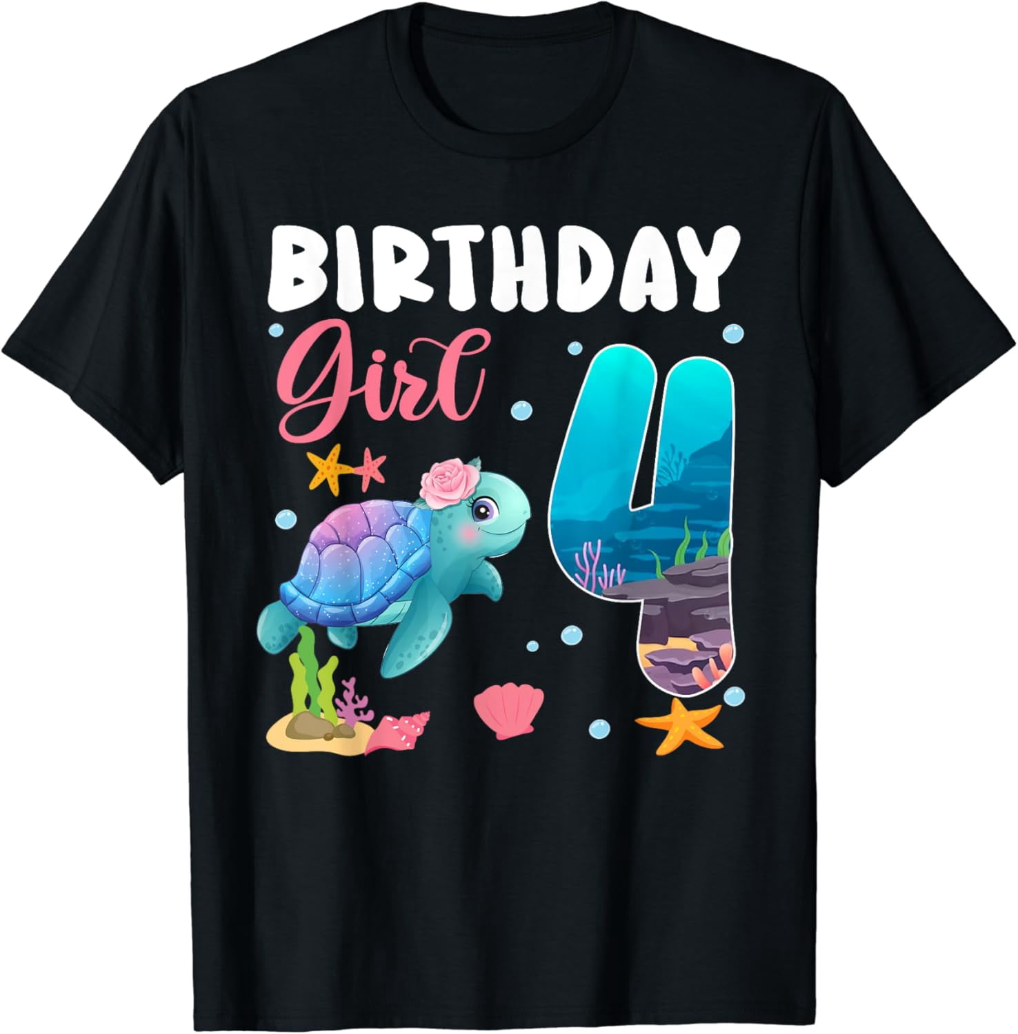 Birthday Girls 4Th Sea Turtle 4 Year Old Ocean Aquarium T Shirt ...