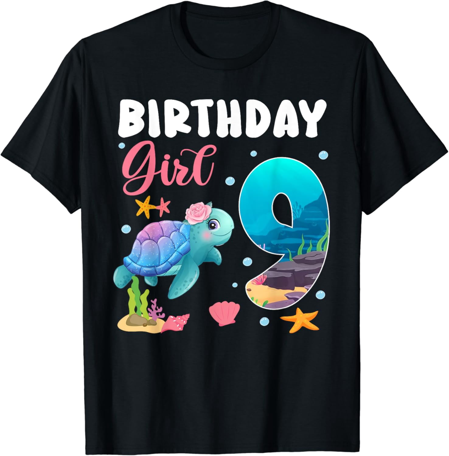 Birthday Girls 9Th Sea Turtle 9 Year Old Ocean Aquarium T Shirt ...