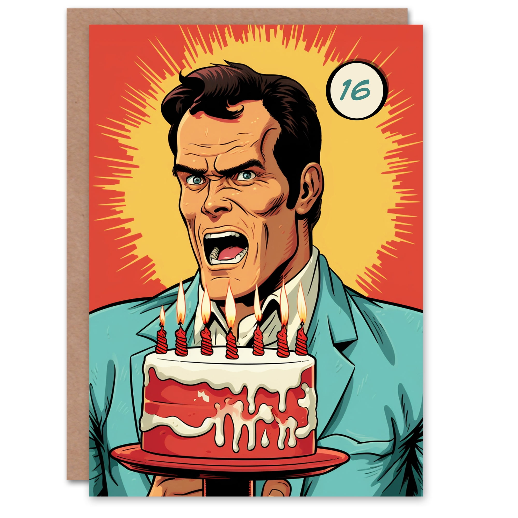 Birthday Greeting Card Funny Angry Comic Man Cake Age 16 Year Old For ...
