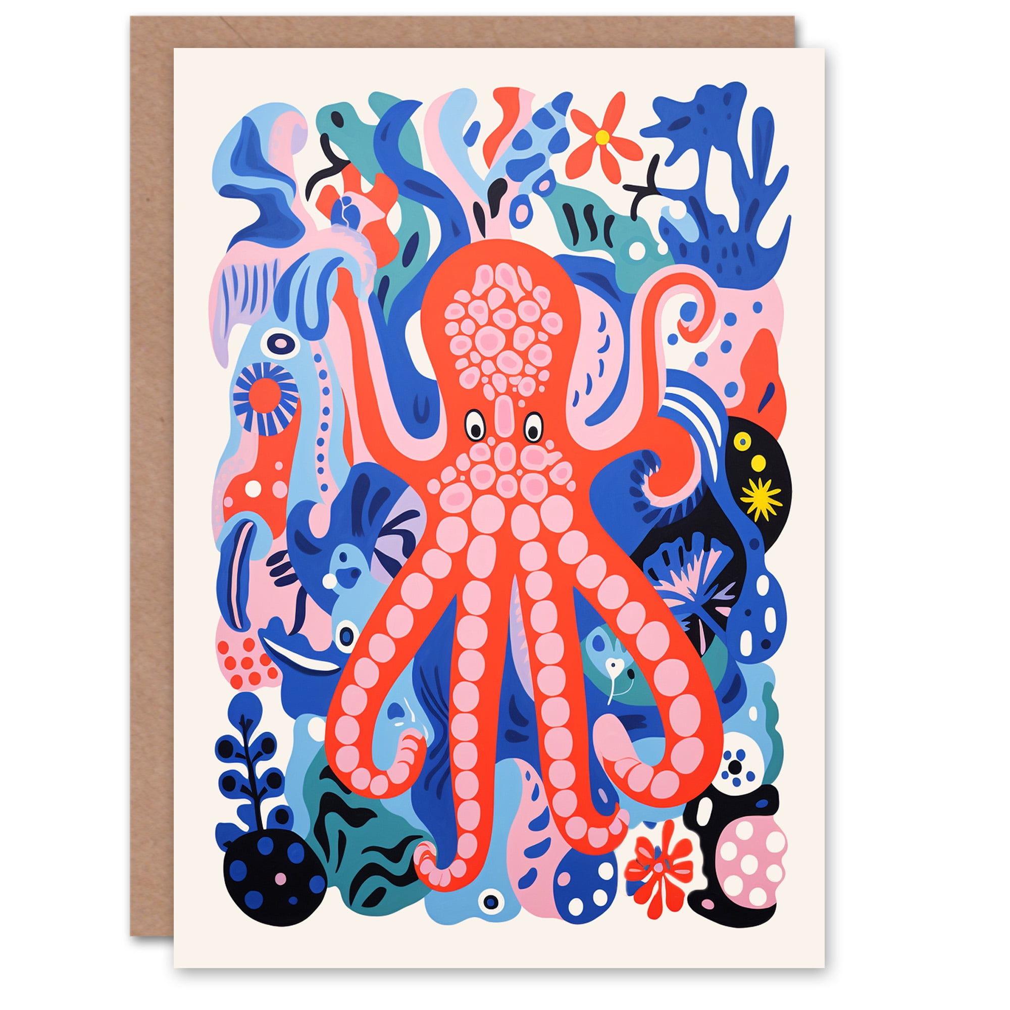 Birthday Greeting Card Octopus Coral Reef Matisse Style Pattern For Him ...