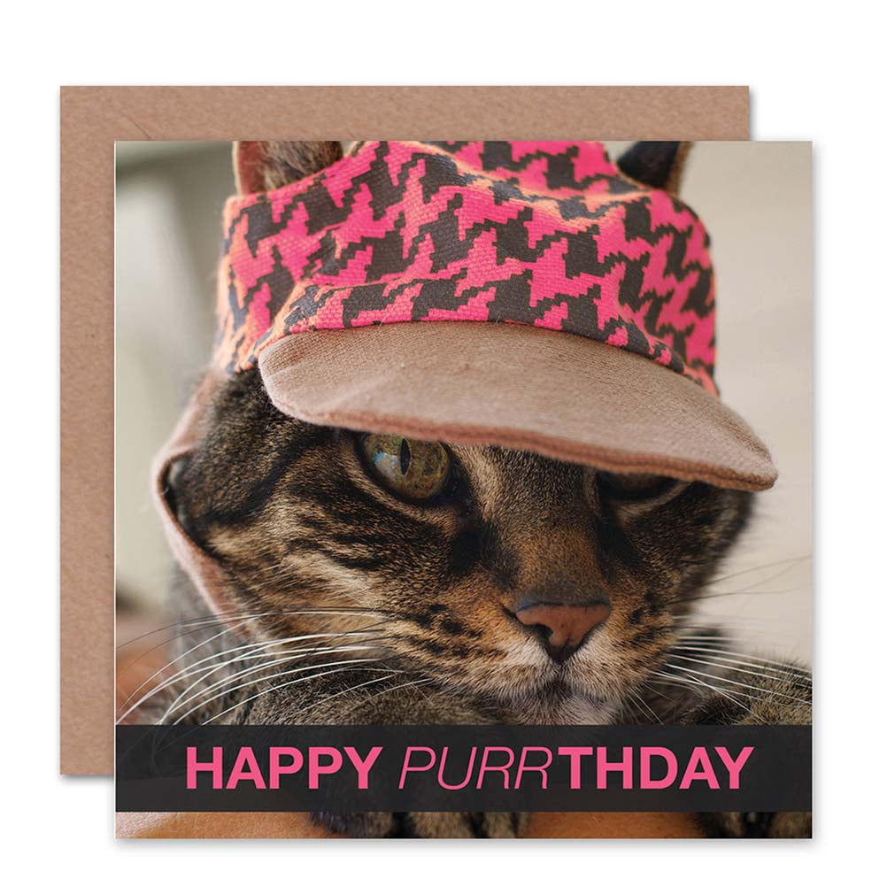 Birthday Happy Cat Hat Cap Purr Cute Pink Design Greetings Card Plus ...