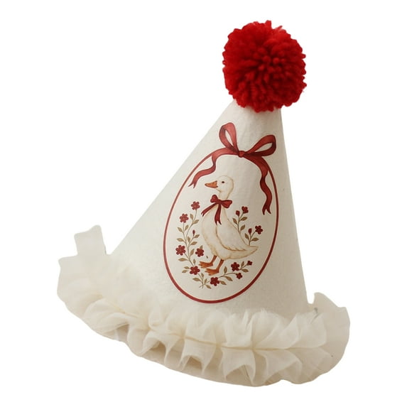 Birthday Hat Duckling/Flower Pattern Lace Trim Party Hat With Pompoms ...