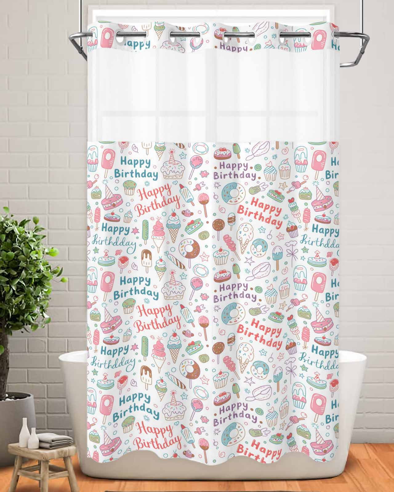 Birthday No Hook Shower Curtain with Snap in Liner, Cake Ribbon Balloon ...