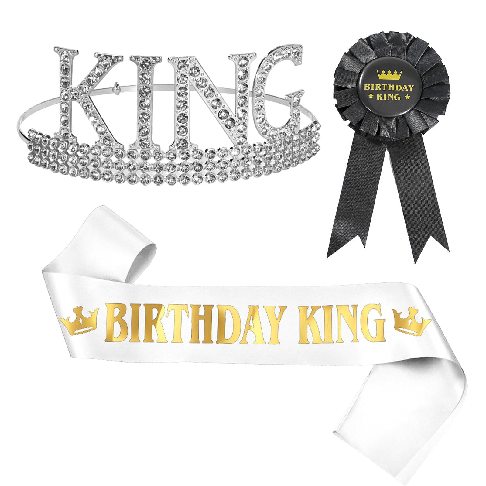 Birthday King Crown Tiara and Sash for Men Boys, Silver Crown, White ...