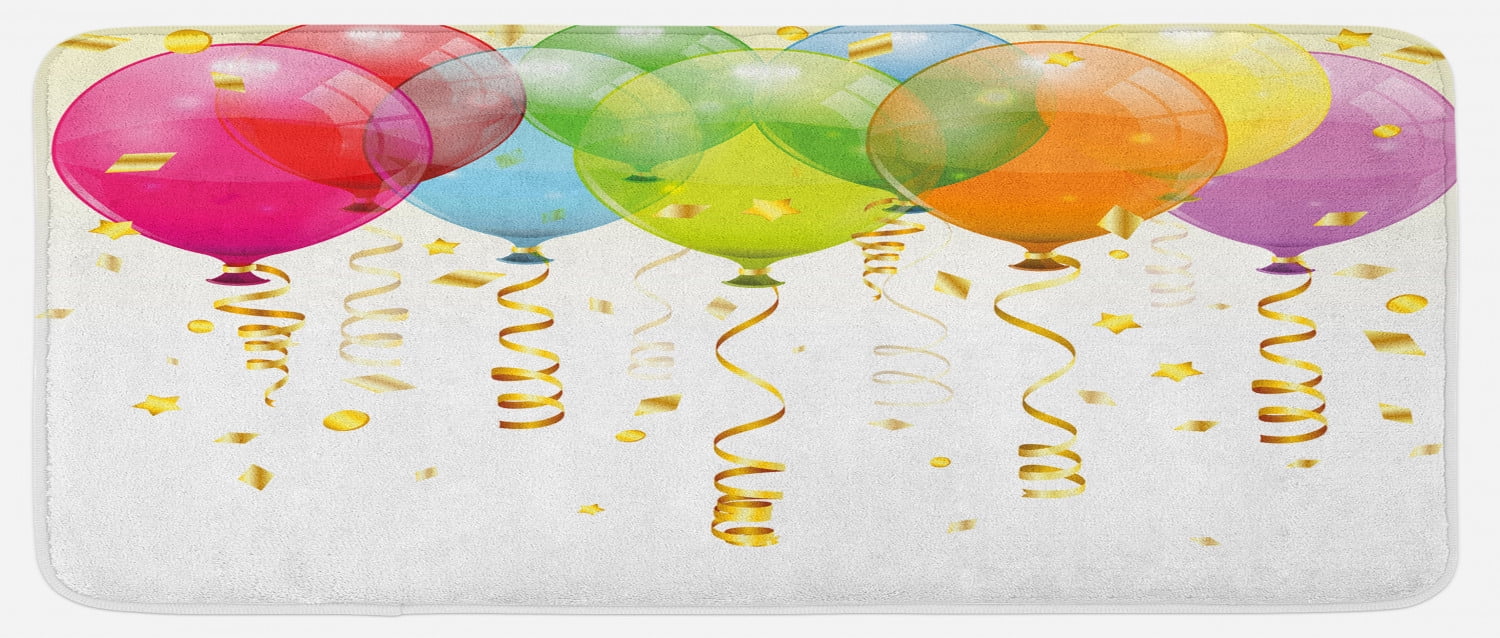 Birthday Kitchen Mat, 3D Style Flying Balloons with Curled Ribbons Rain ...