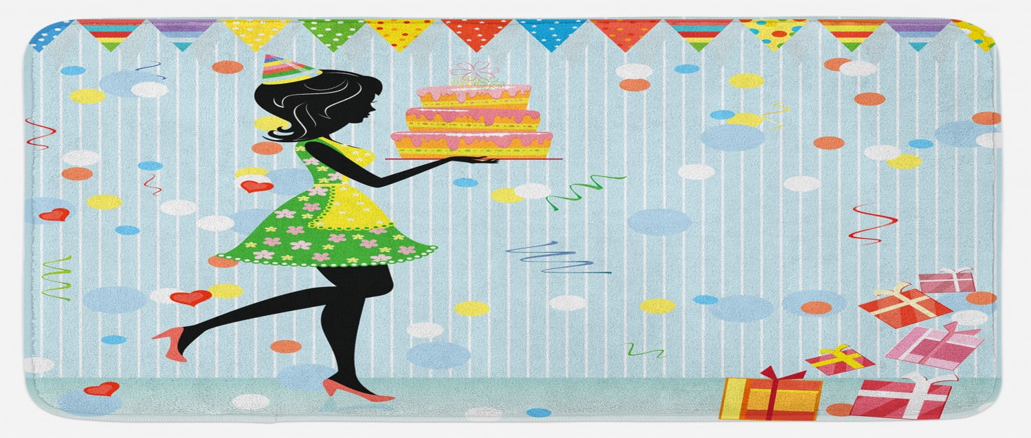 Birthday Kitchen Mat, Young Mother Carrying a Delicious Cake Presents ...